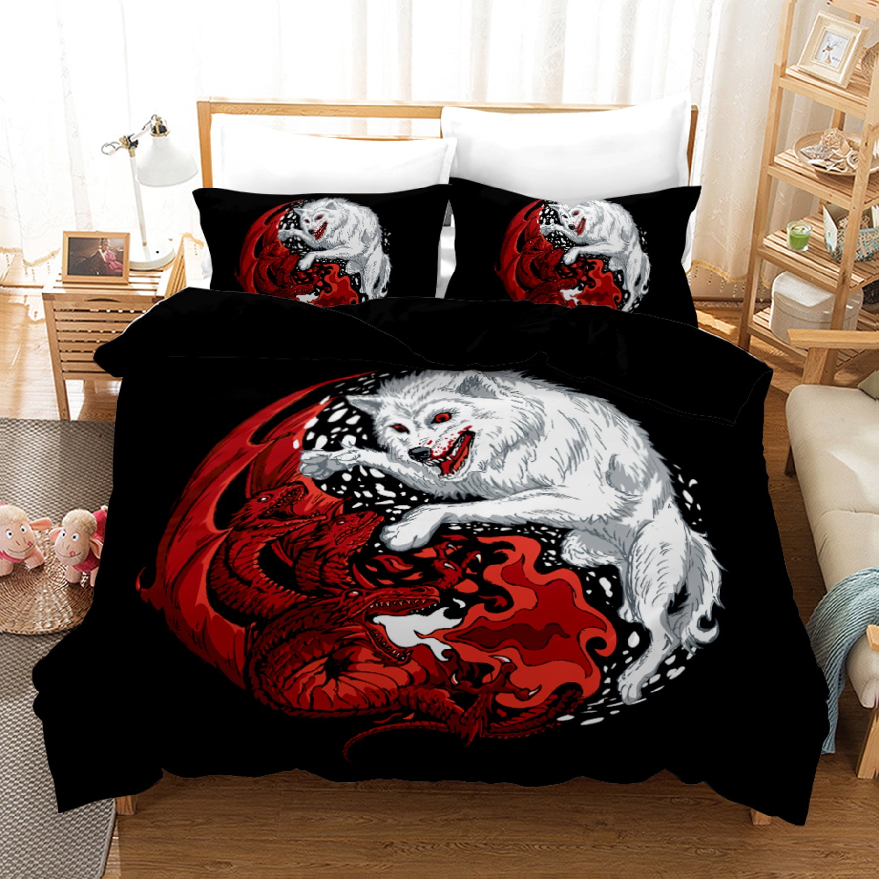 Majestic White Wolf vs Fiery Crimson Dragon Bedding Set Yin for ...