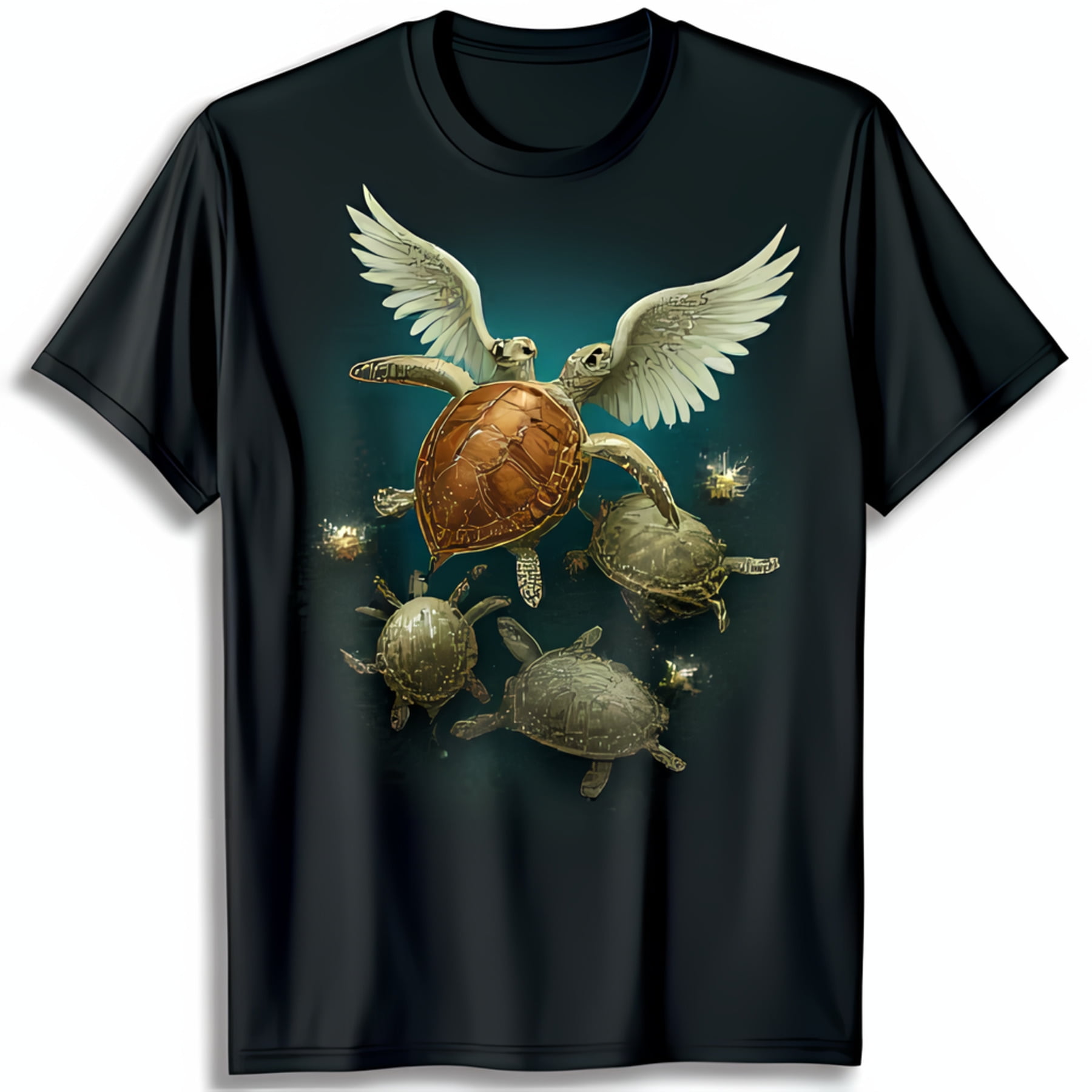 Majestic Winged Black T-Shirt with Swimming Turtles Design Unique Art ...