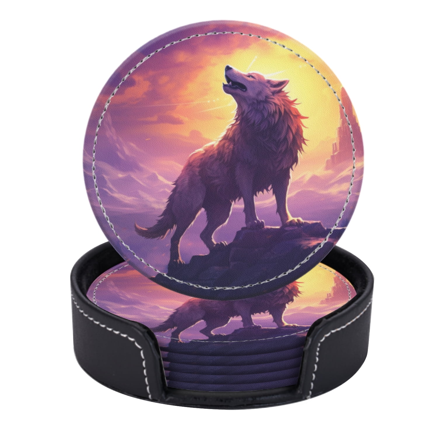 PU Leather Coasters for Drinks Bar Beer,Set of 6 with Holder,Round ...