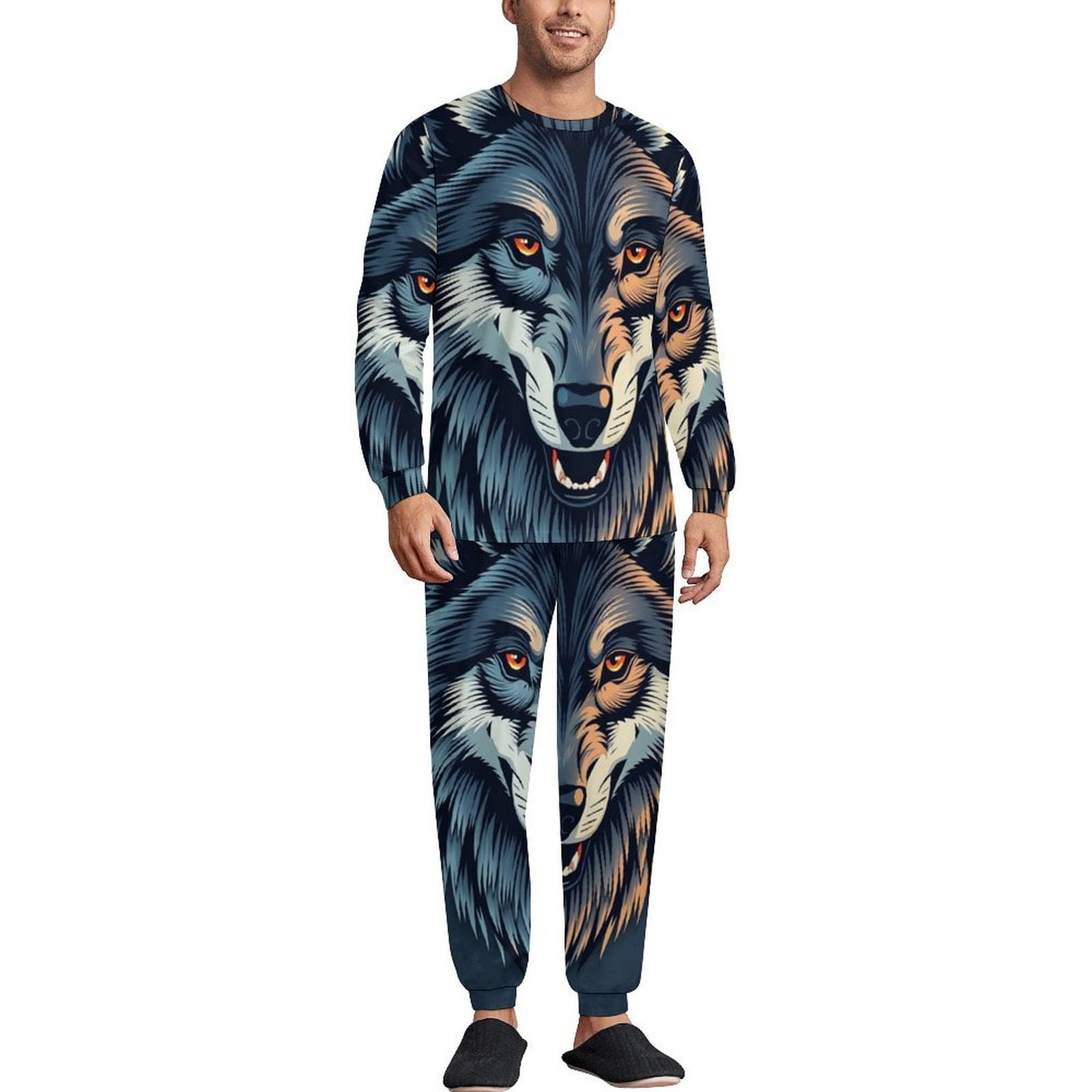 Majestic Wolf Moon Night Pajamas Men Home Suit Winter Long Sleeve 2 ...