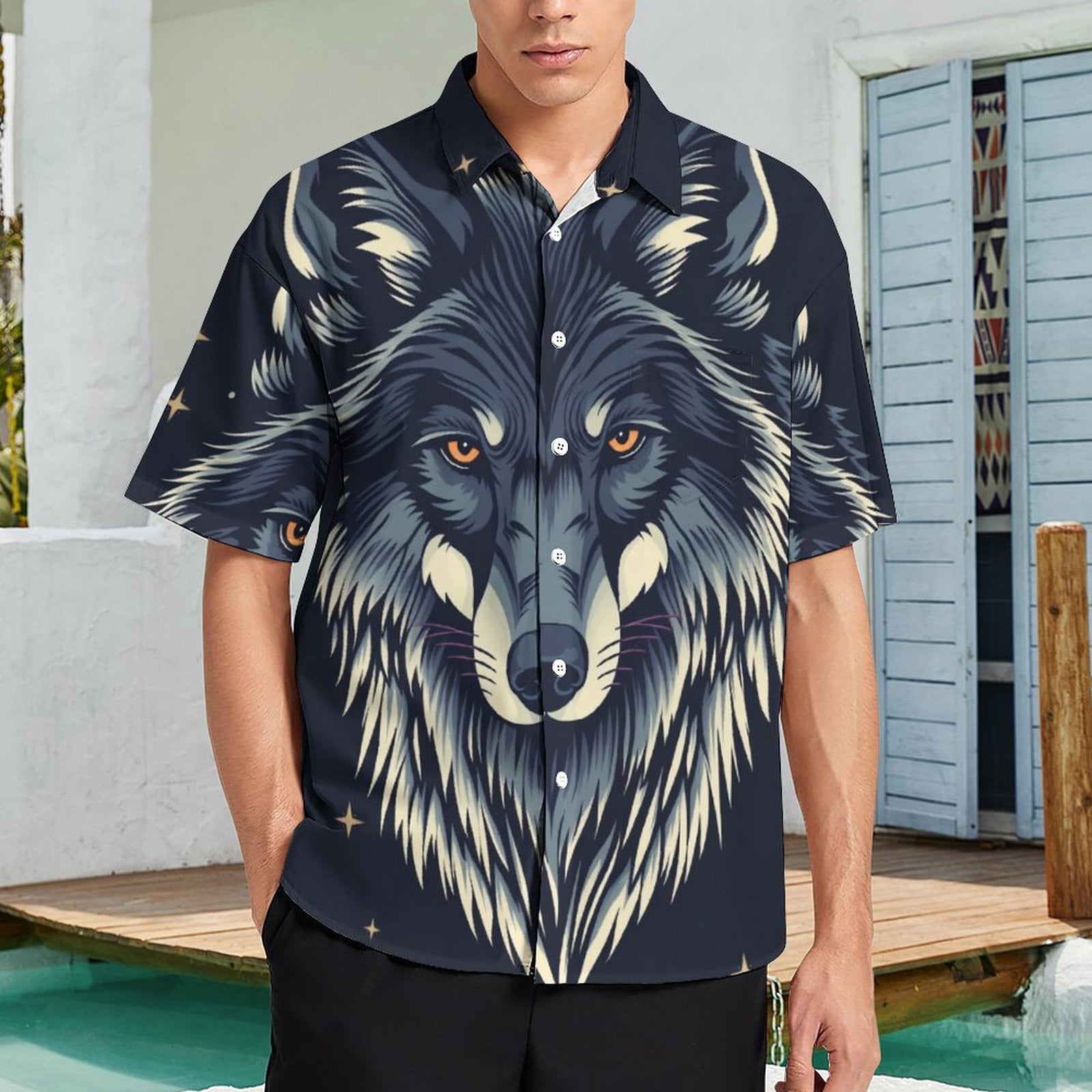 Majestic Wolf Portrait Male Retro Print Casual Shirts Hawaiian Short ...