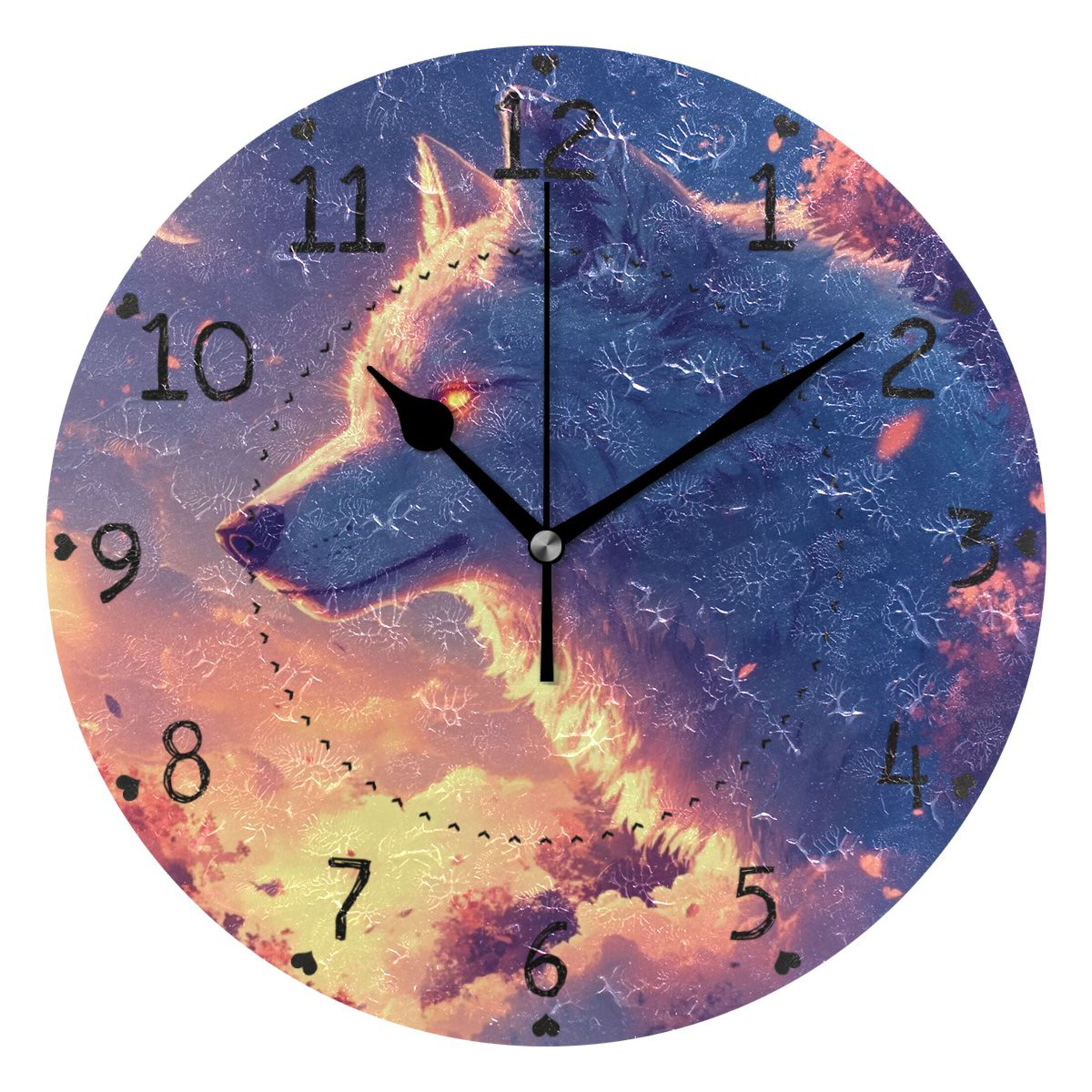 Majestic Wolf with Twilight Round Wall Clock Silent Battery Operated ...