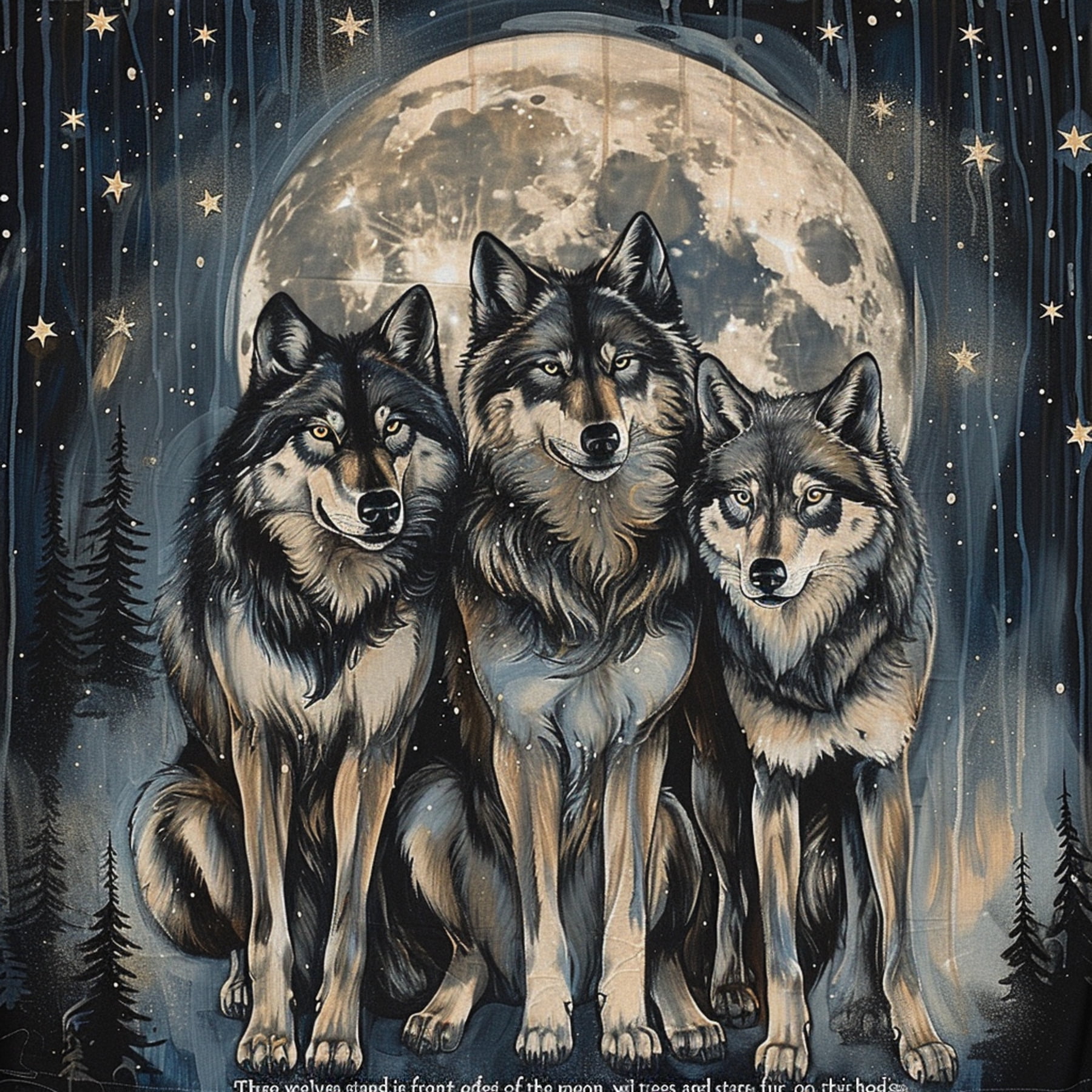 Majestic Wolves Under Moonlight Dark Gray Three Wolves Oil Painting ...