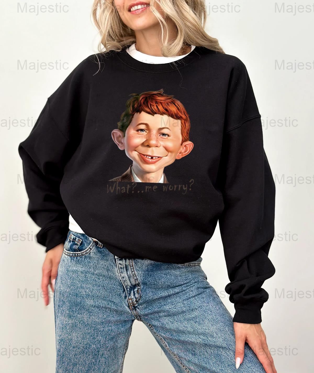 Majestic63 MAD Alfred E Neuman What Me Worry Sweatshirt Magazine, Cartoon, Mascot, for Unisex ...