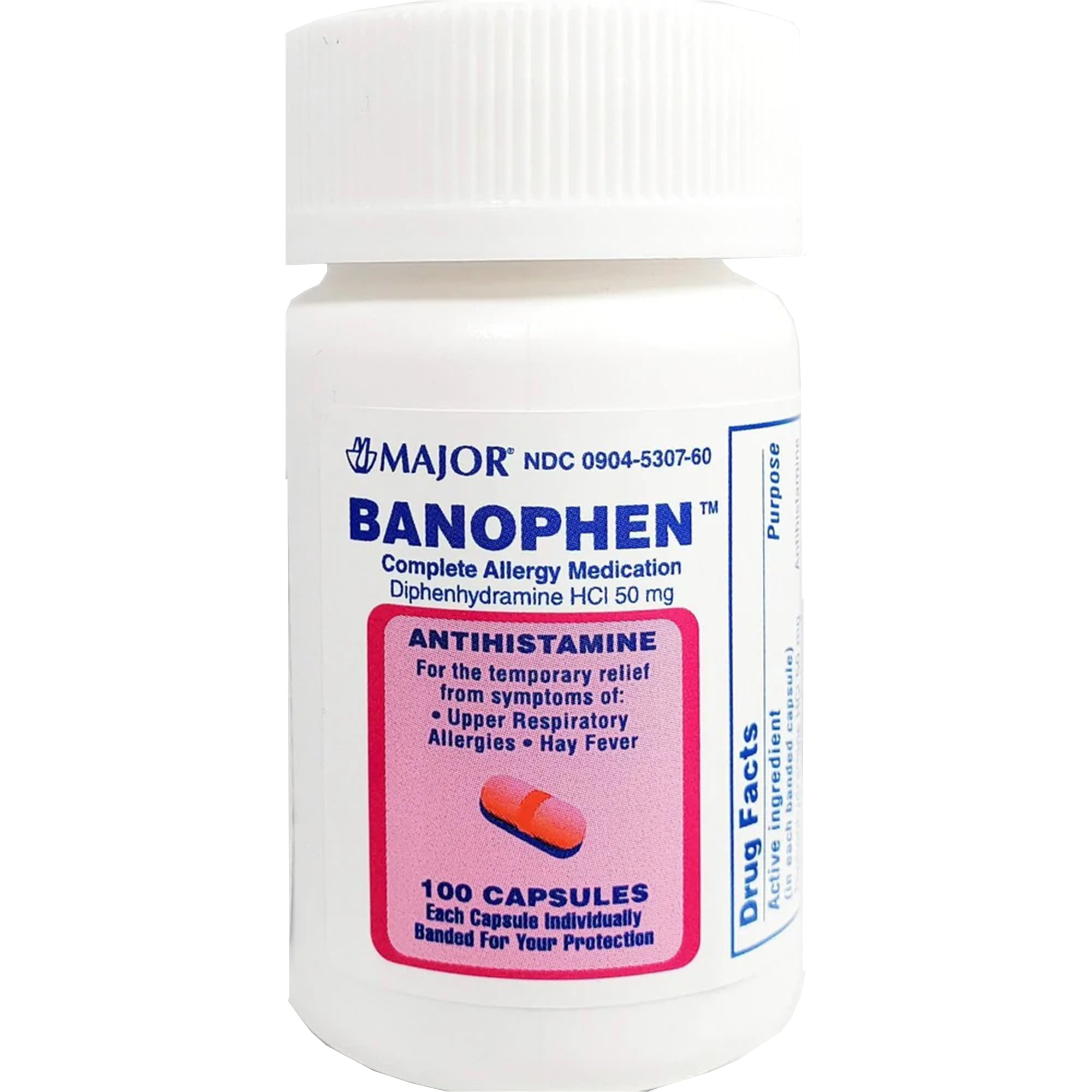 Major Allergy Relief Diphenhydramine HCl Capsule, 100 per Bottle HSA ...