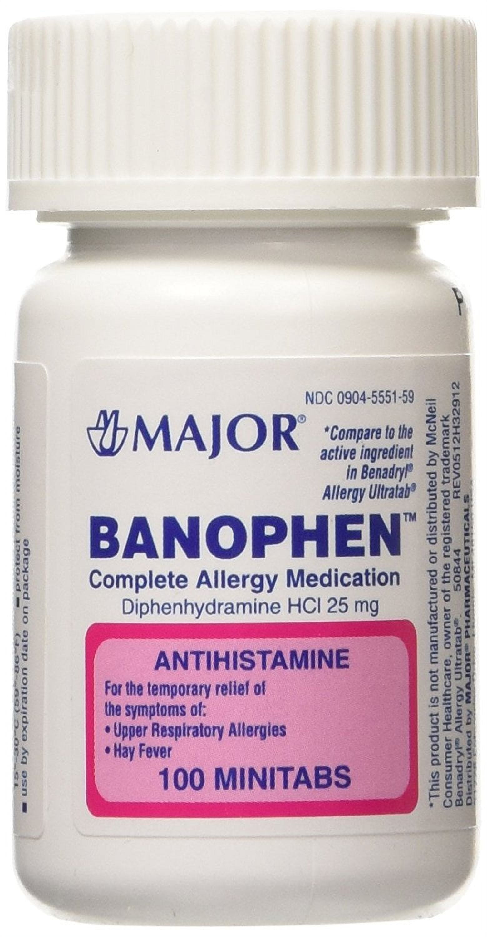 Major Banophen Diphenhydramine Hydrochloride Mini Tablets, 25 mg, 100 ...