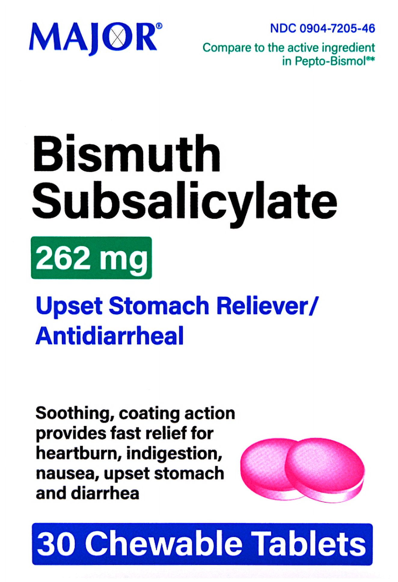 Major Bismuth Subsalicylate 262 mg Upset Stomach Reliever / Antidiarrheal - 30 Chewable Tablets ...
