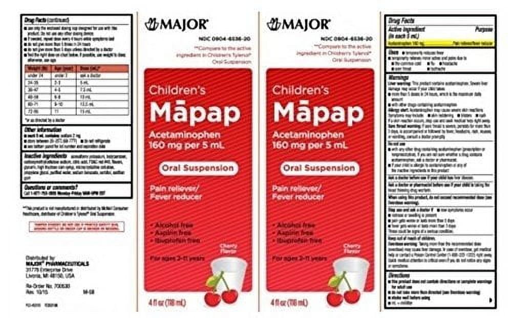 Major Children's Mapap Cherry Oral Suspension Aspirin Free 160 mg, 4oz ...