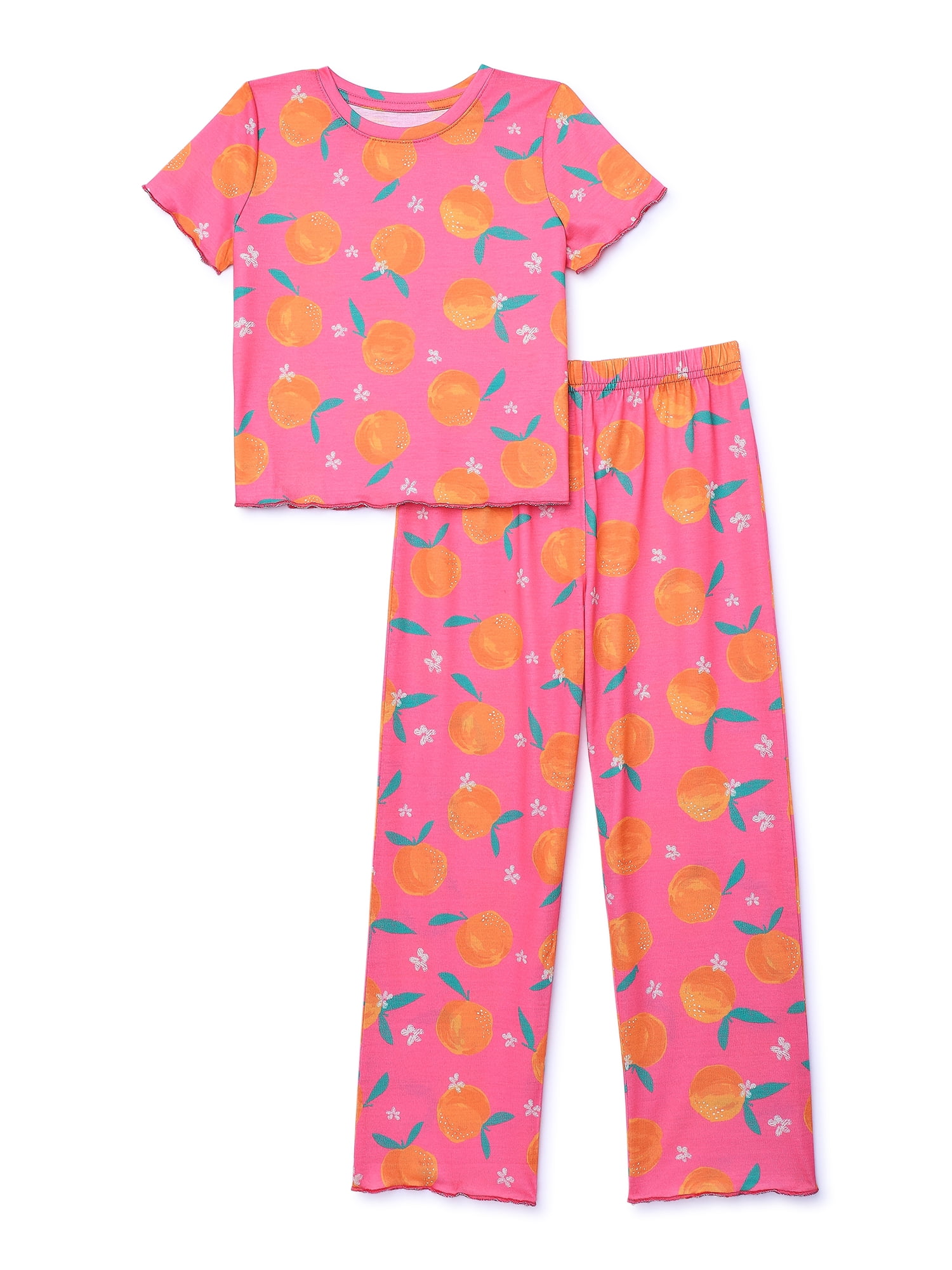 Major Cuddles Girls Short Sleeve Top And Pants Pajama Set With Lettuce Edge Trim 2 Piece