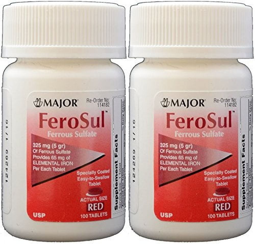 Major FeroSul Iron Supplement, Ferrous Sulfate 325mg, 100 Red Tablets ...