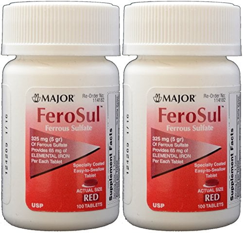 Major FeroSul Ferrous Sulfate 325mg Botlle of 100 Red Tablets (Pack of ...