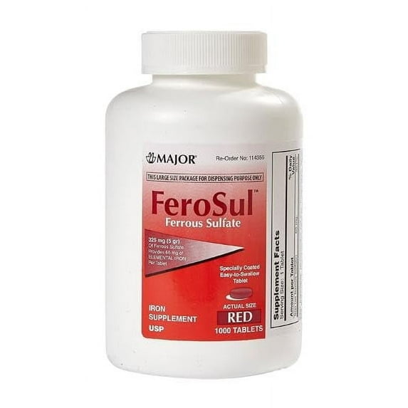 Major FeroSul Iron Pills Supplement, Ferrous Sulfate 325mg, OTC, 1000 ...
