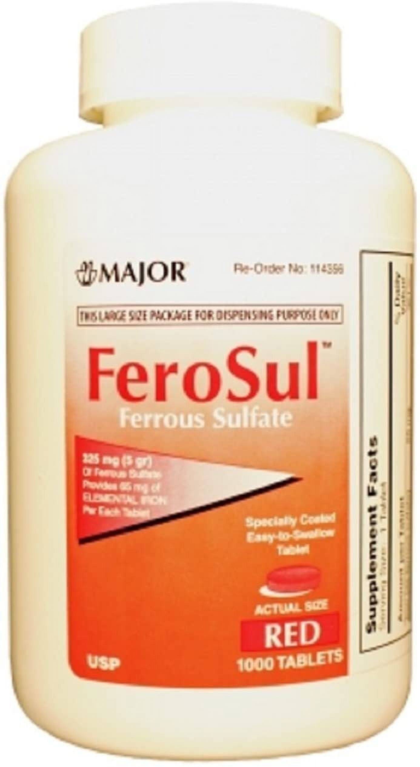 Major FeroSul Iron Pills Supplement, Ferrous Sulfate 325mg, OTC, 1000 ...
