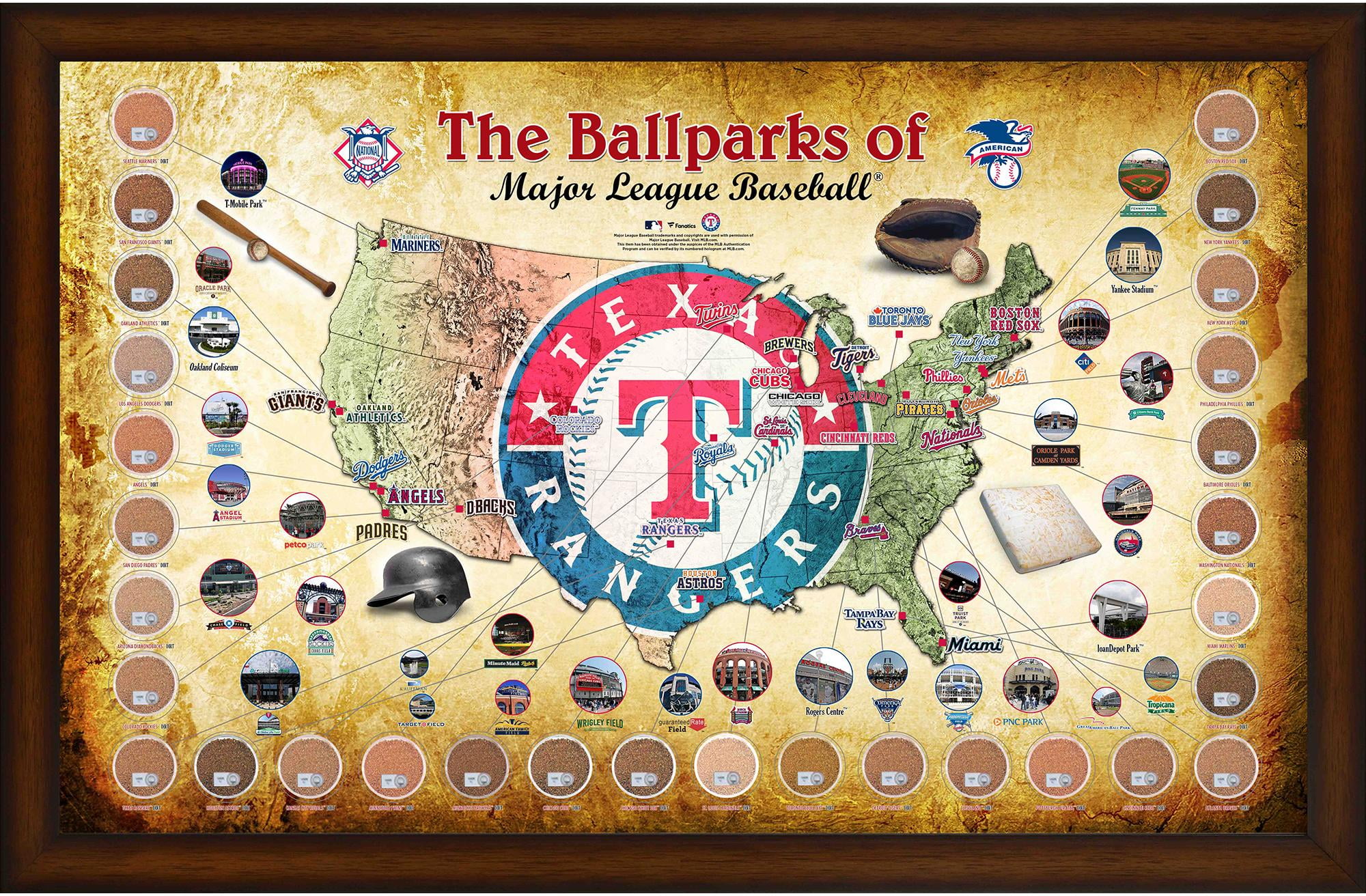 Major League Baseball Parks Framed 20" x 32" Texas Rangers Map Collage ...