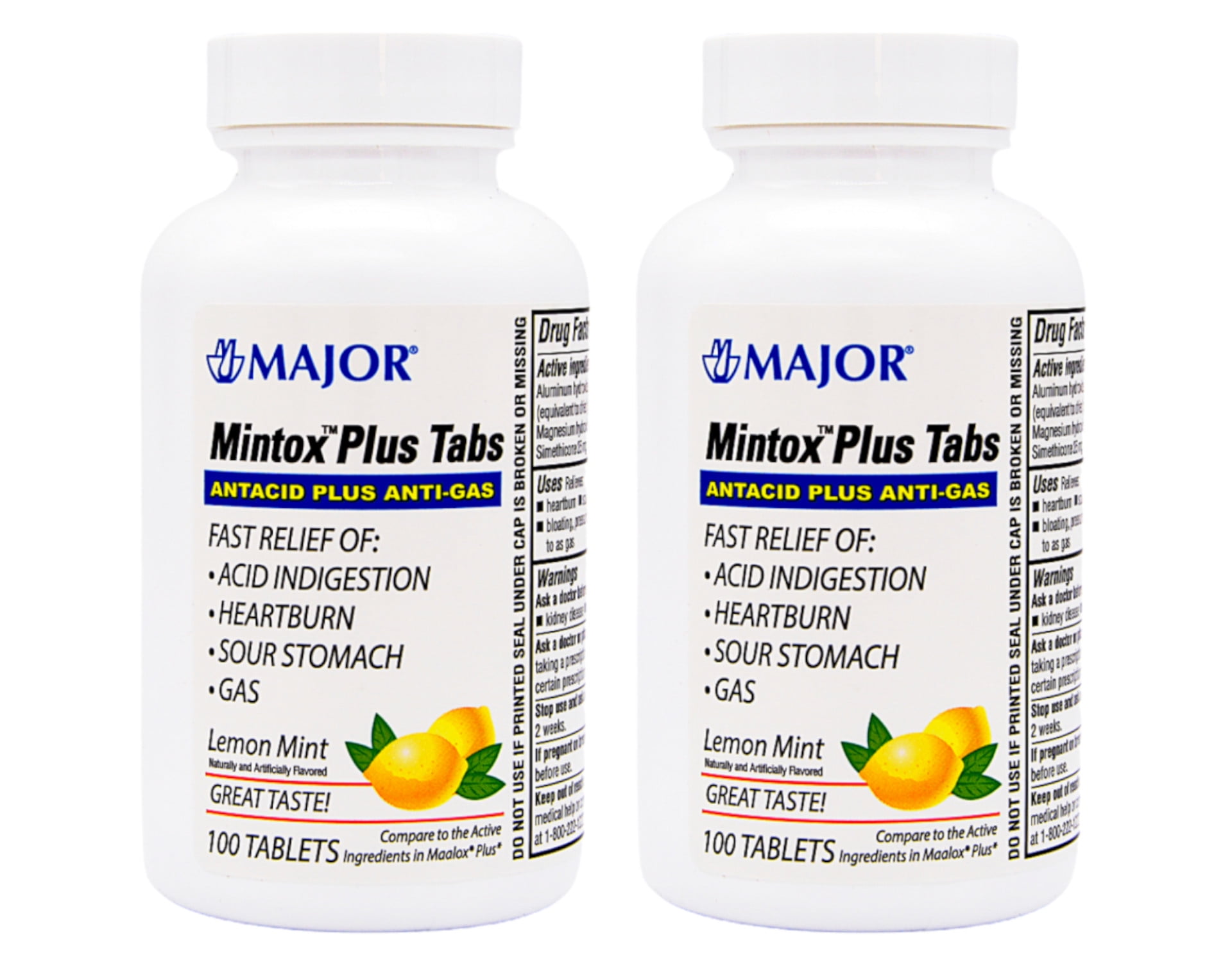 Major Mintox Plus Antacid, Anti-Gas Lemon Mint Tabs, 100 Count, Pack of ...