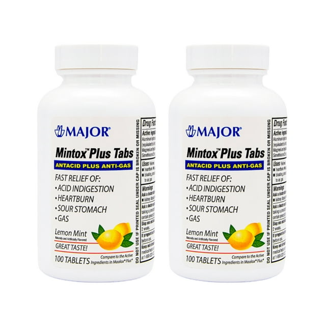 Major Mintox Plus Antacid Plus Anti-Gas Tabs, Lemon Mint, 100 Count ...