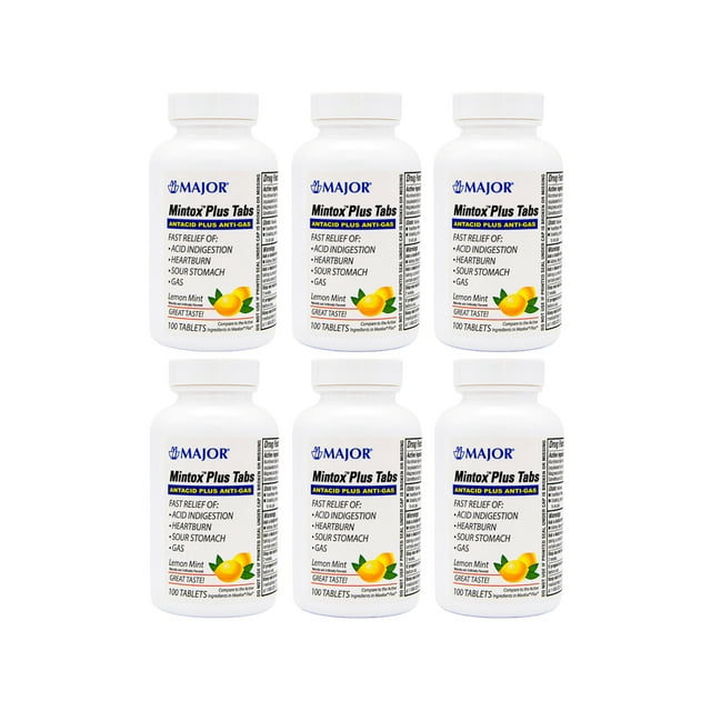 Major Mintox Plus Antacid Anti-Gas Tabs, Heartburn Relief, Lemon Mint ...