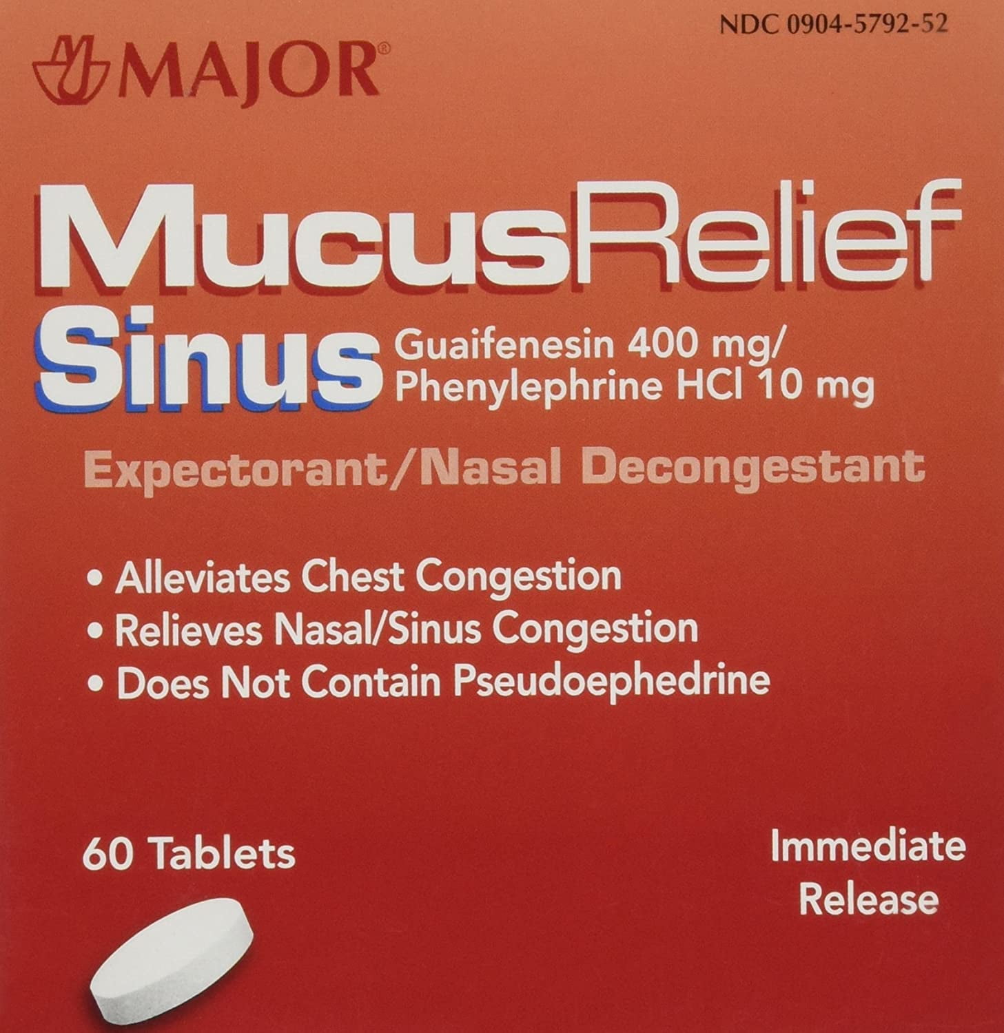 Major Mucus Relief Sinus Expectorant/Nasal Decongestant Tablets, 10mg ...