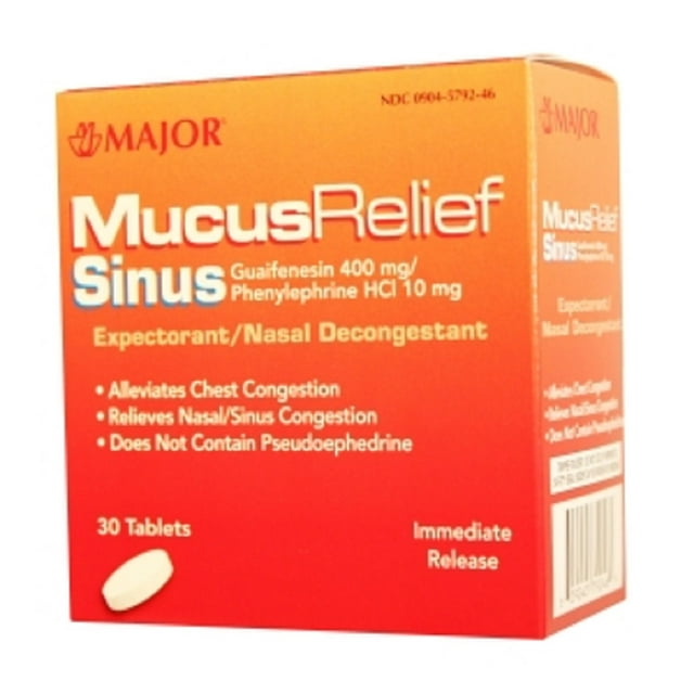 Major Mucus Relief Sinus Expectorant/Nasal Decongestant Tablets, 10mg ...