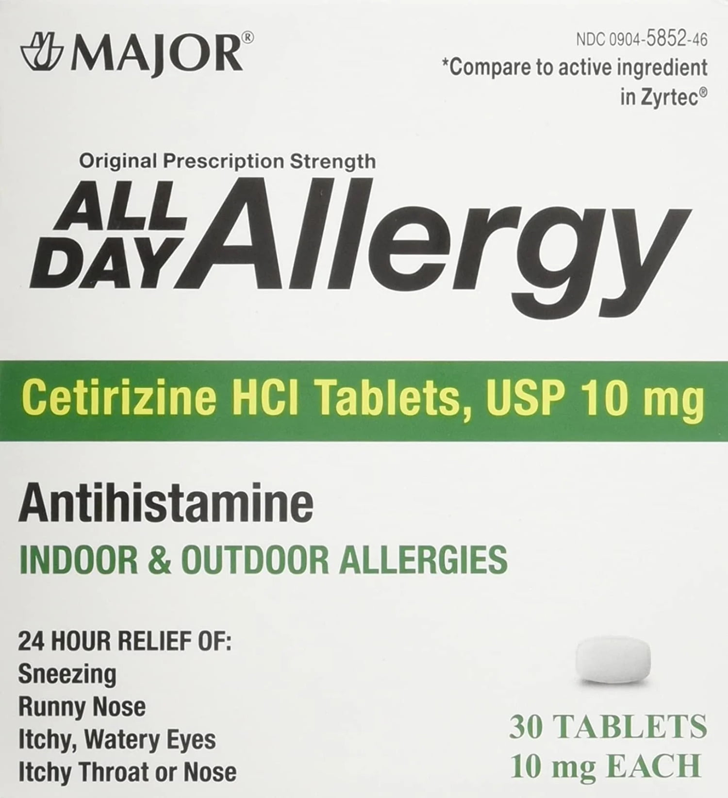 Major All Day Allergy Cetrizine HCI Tablets 10 mg 30/Box HSA/FSA ...