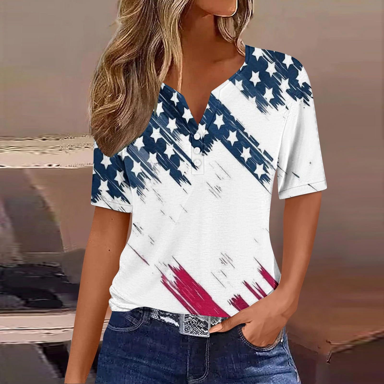 Major Savings Ganfancp American Flag Women Tops Short Sleeve V Neck T