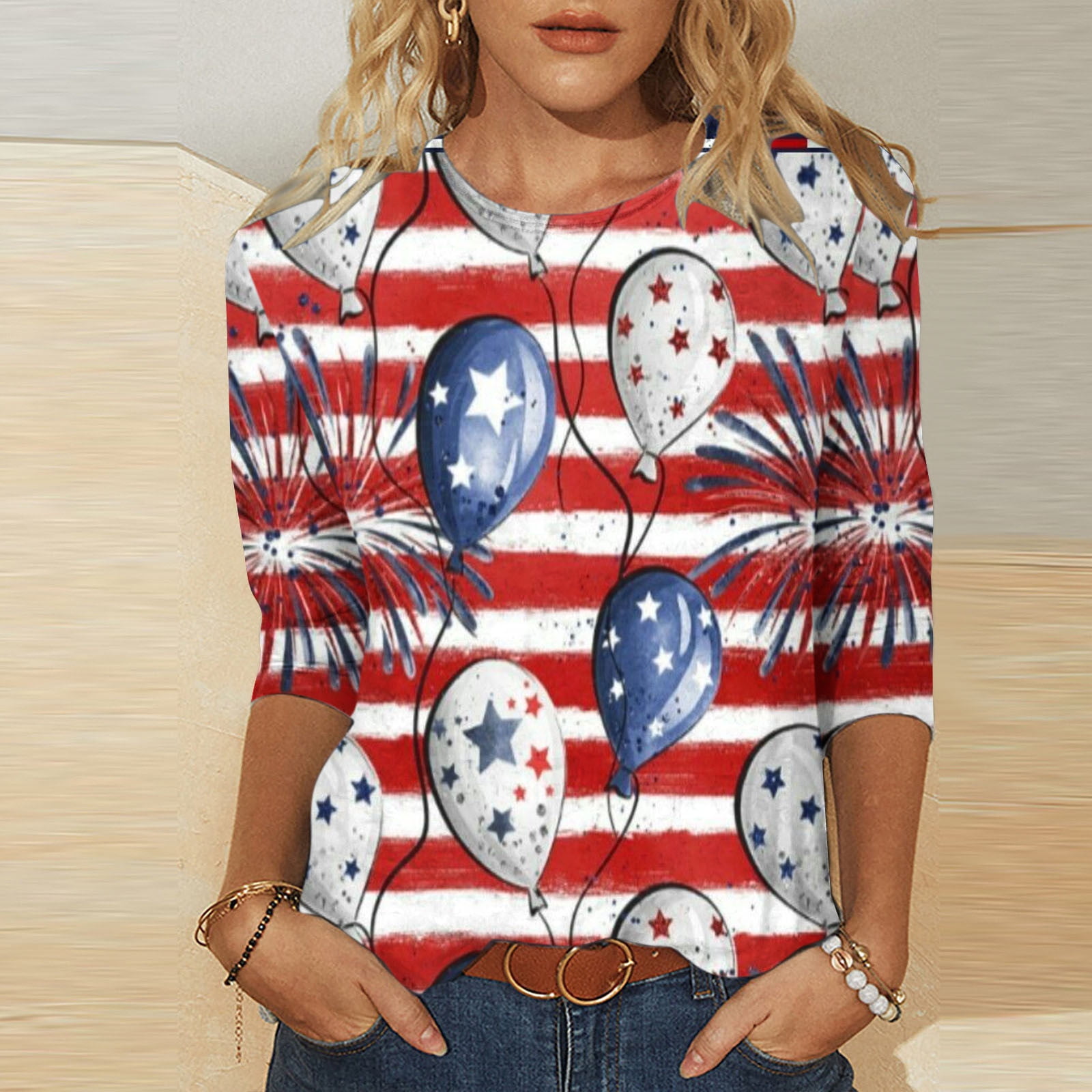 Major Savings Ganfancp Usa Flag Women Tops 3 4 Sleeve Crew Neck T