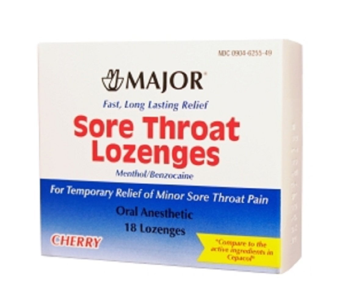 Major Sore Throat Lozenges, Cherry Flavor, Benzocaine 15mg, Menthol 4mg ...
