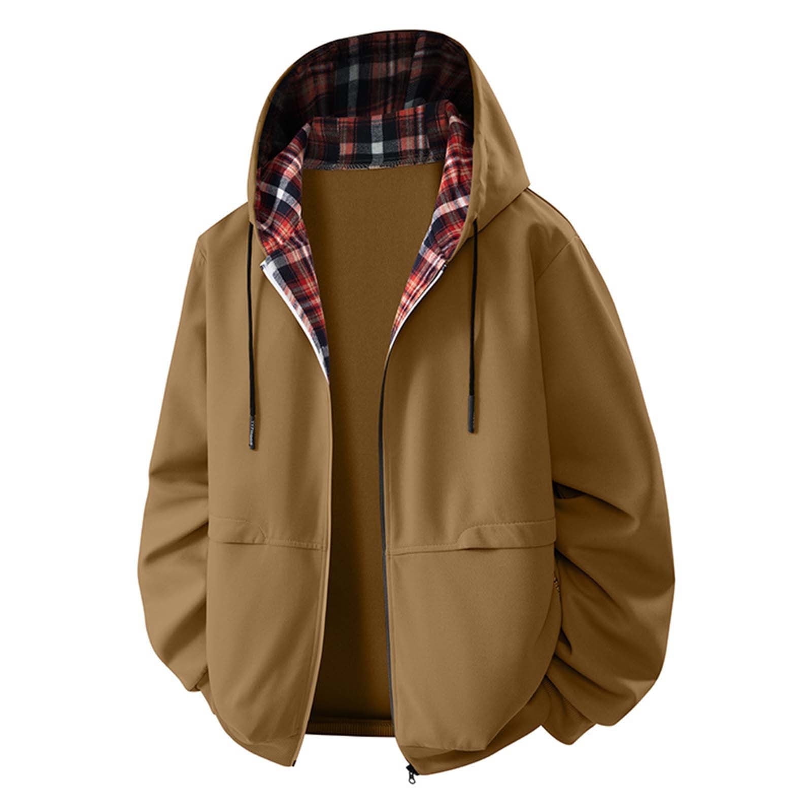 Makaor Mens Barn Jackets Hooded Coat Plaid Big and Tall Zip up Long ...