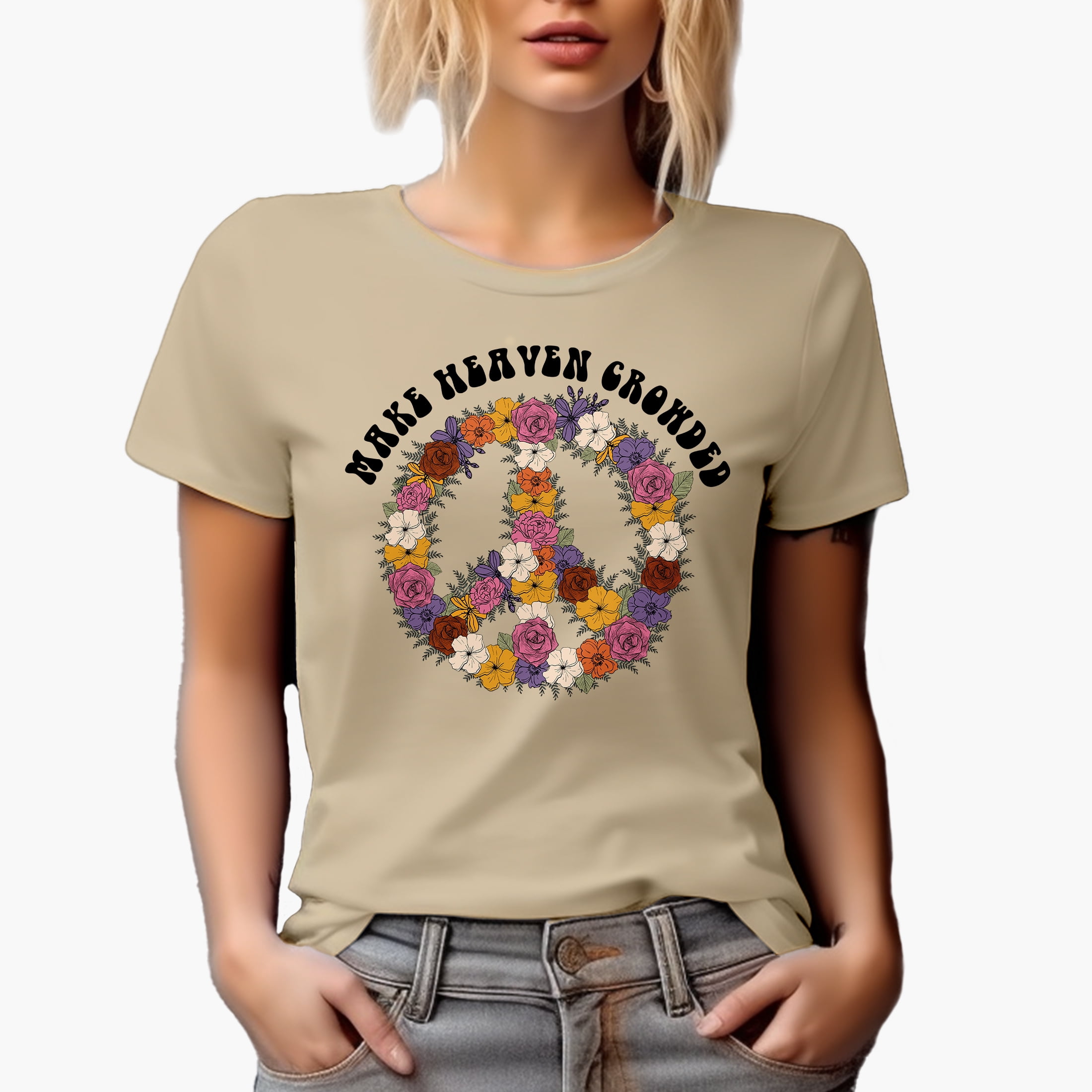 Make Heaven Crowded with a Floral Peace Sign Art Merch Gift, Tan T ...