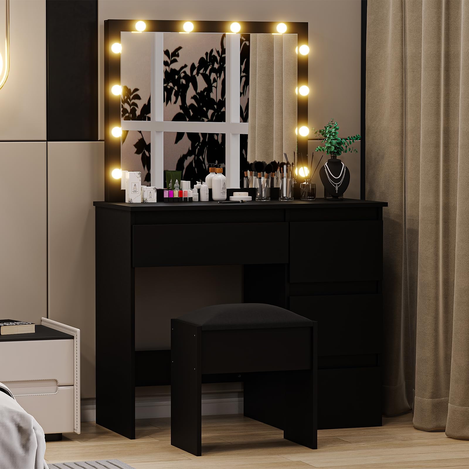 Make Up Table with Lighted Mirror, with 4 Drawers and Cushioned Stool ...
