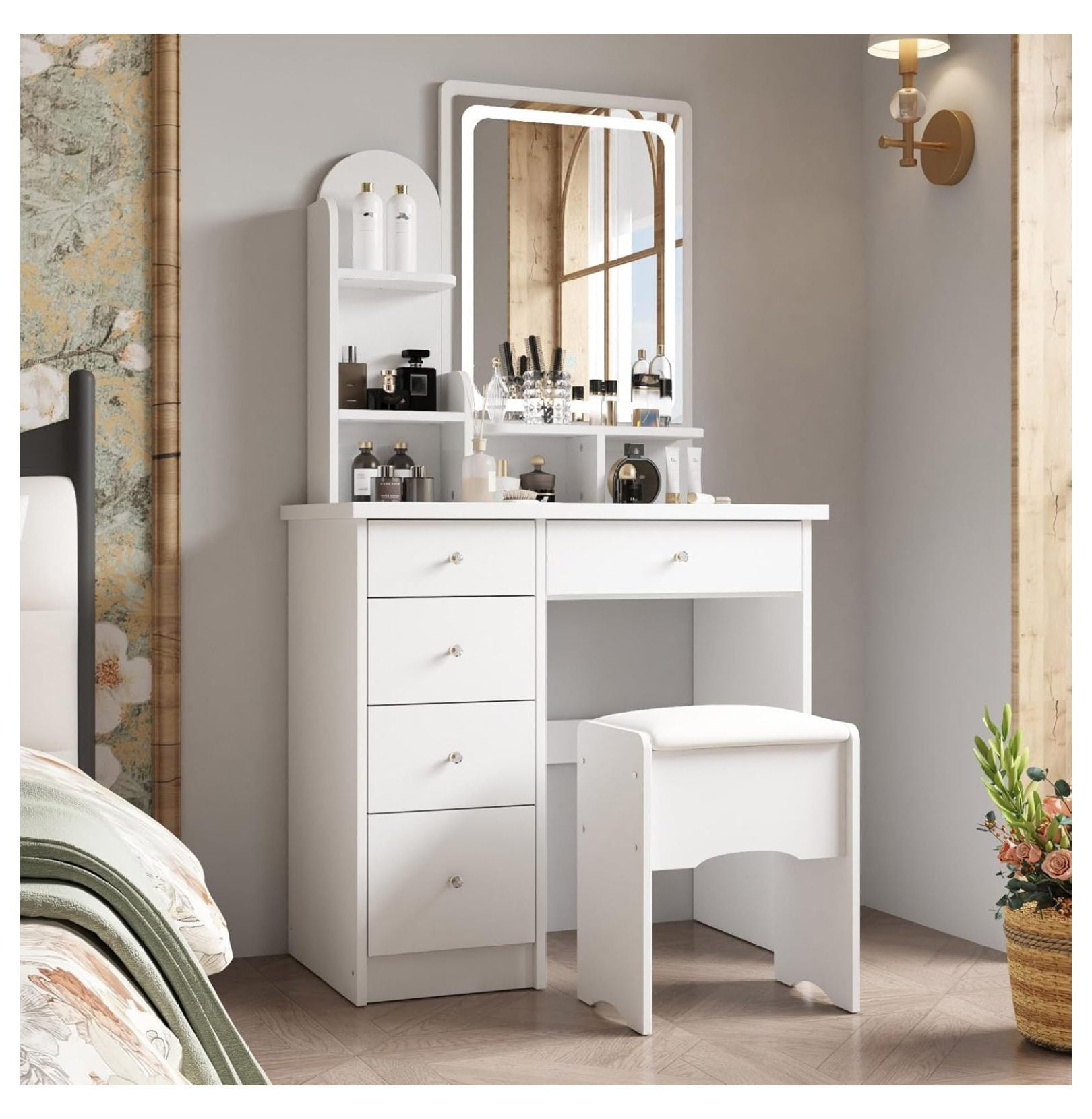 Make up Vanity Desk with Mirror and Lights,Vanity Set with Chair,Storage Drawers,Shelves ...