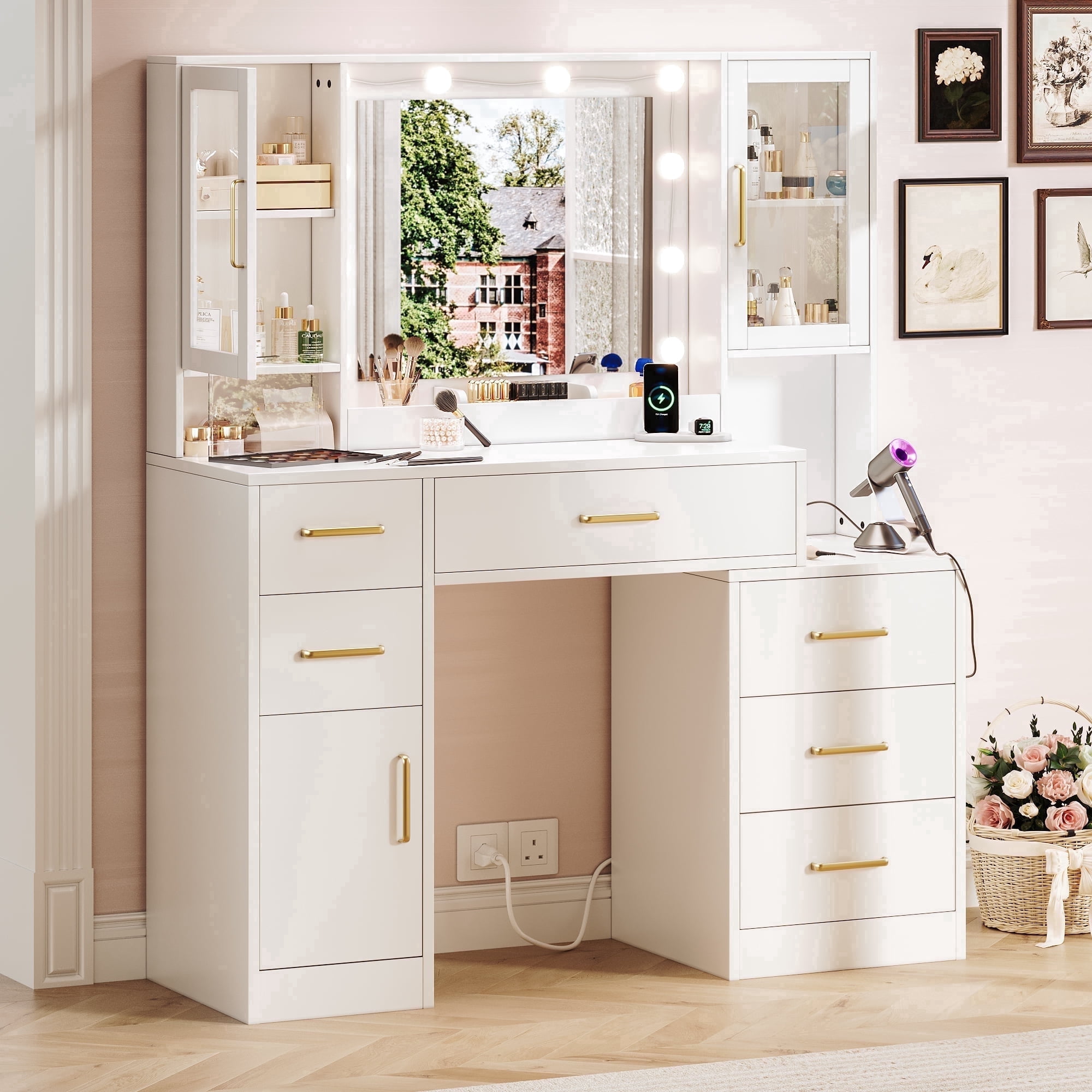 UGTOO 51.2" Modern Vanity Dresser White with 6 Drawers, 3 Cabinets, LED ...
