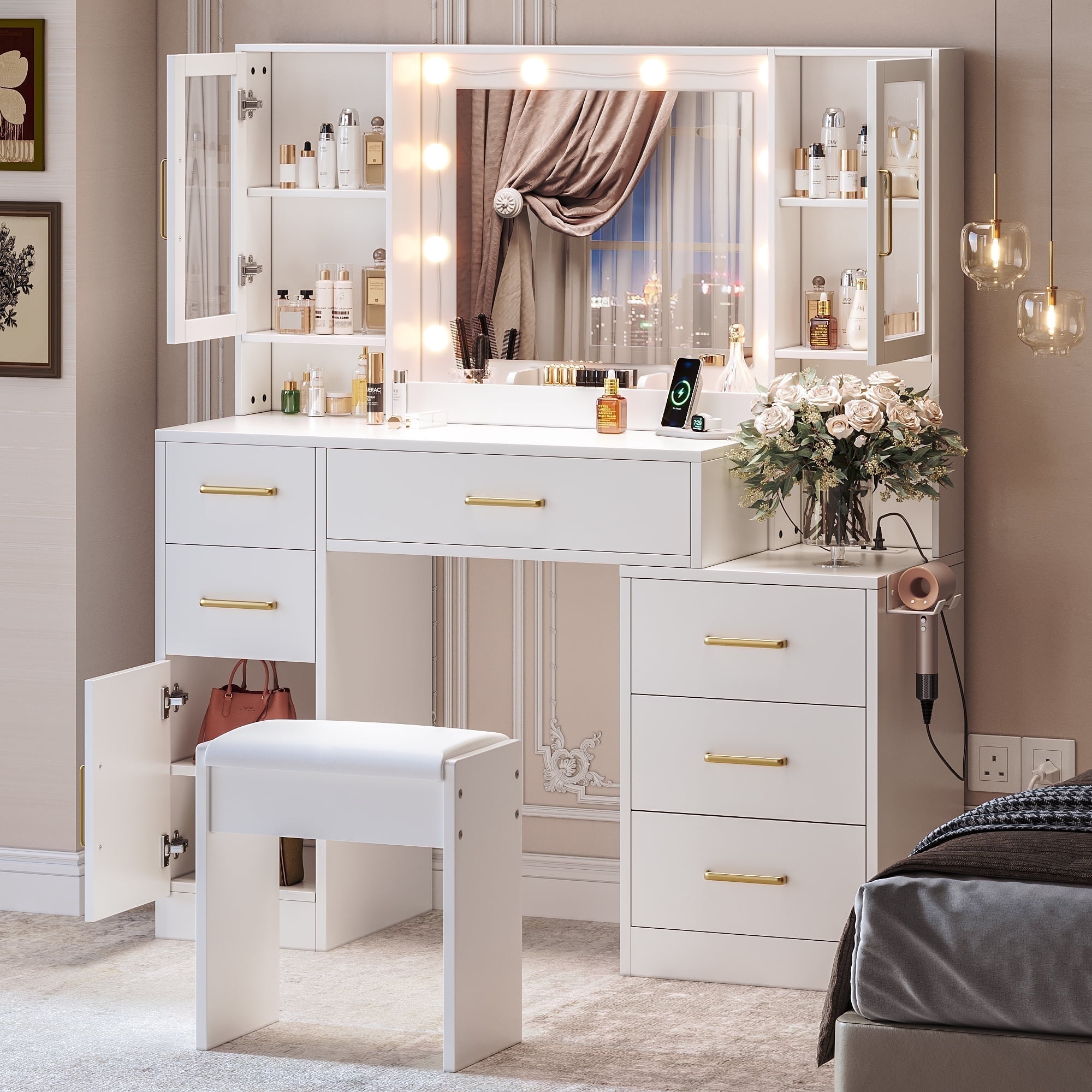 Makeup Vanity Desk with Mirror and Lights, Vanity with 5 Drawers ...