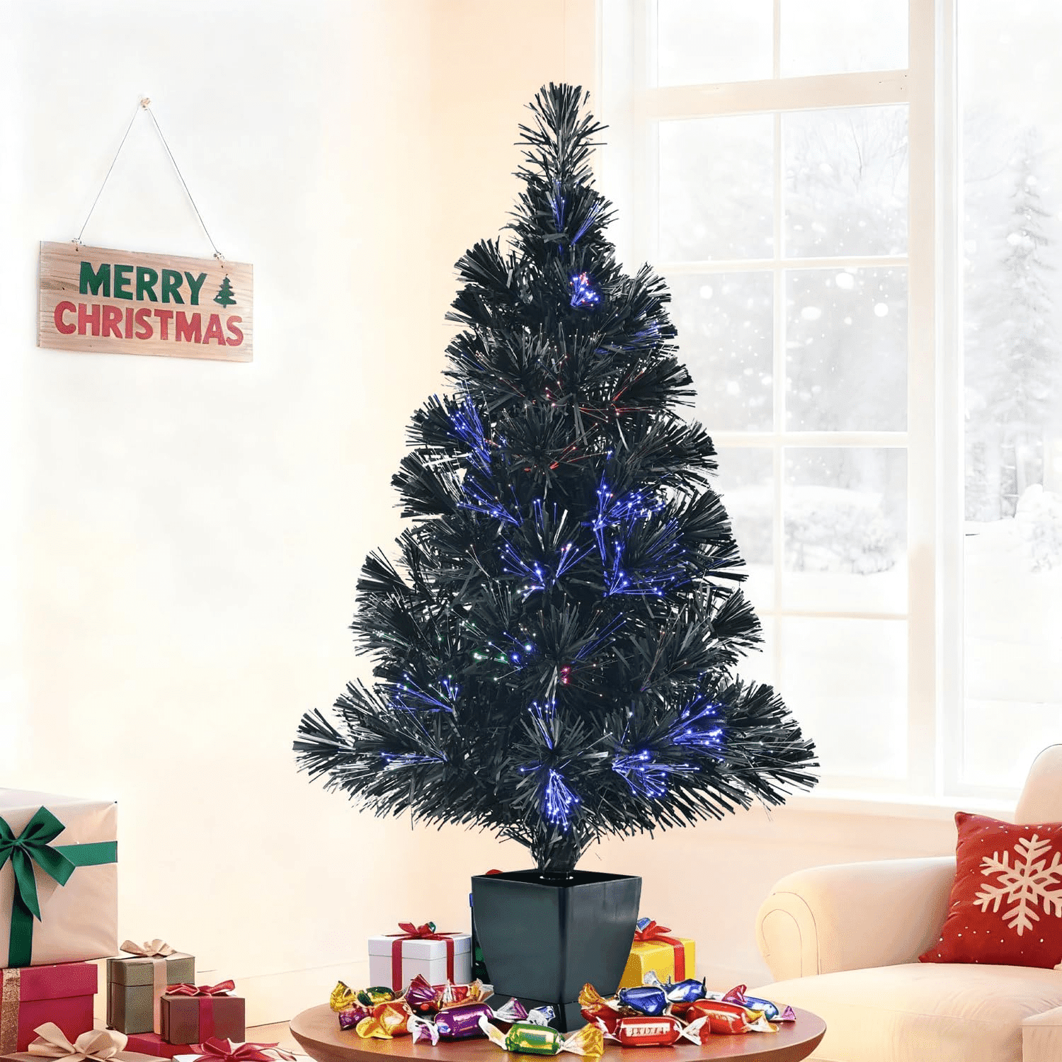 Makeatree 2.6ft Black Pre-Lit Fiber Optic Christmas Tree Mini ...