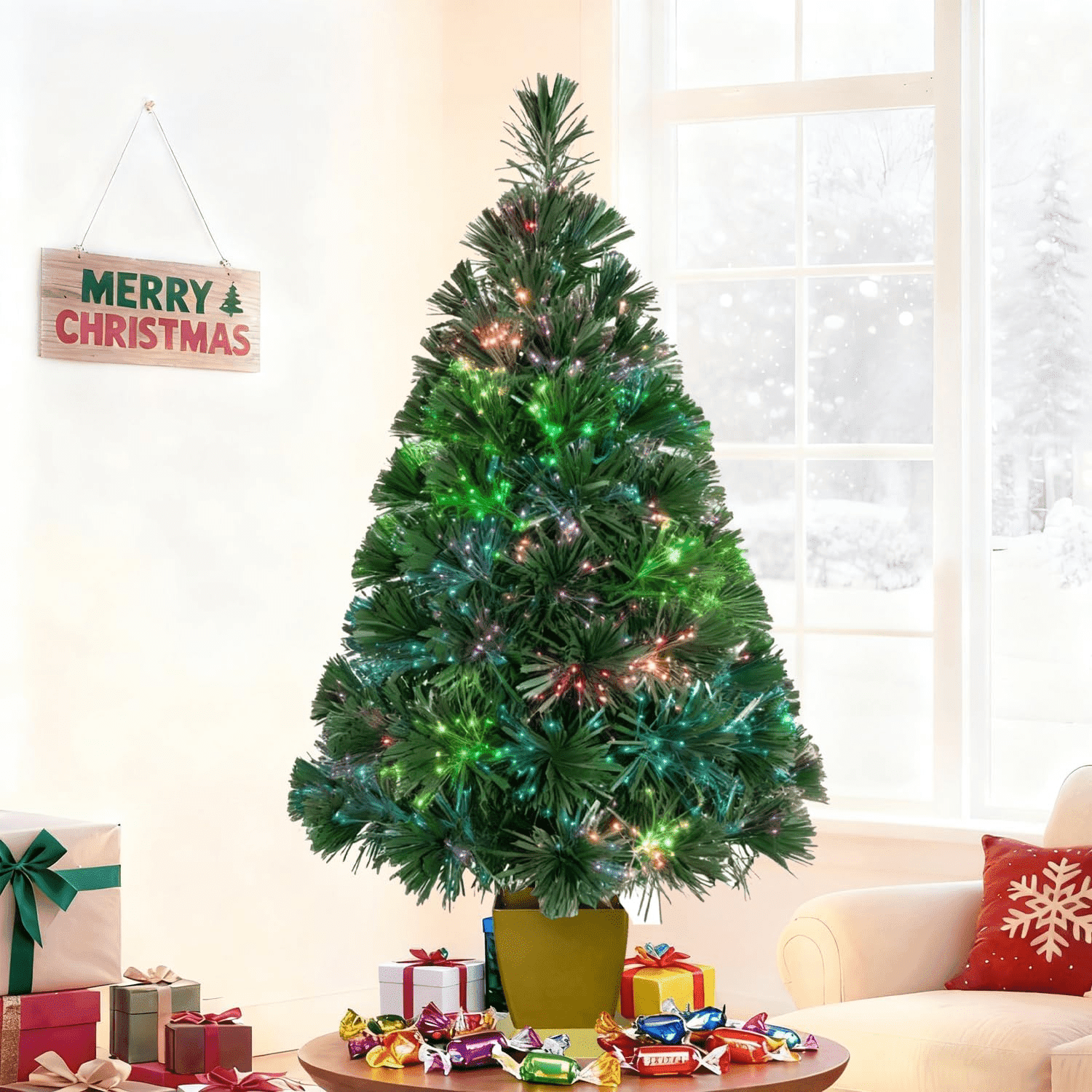 Makeatree 2.6ft Green Pre-Lit Fiber Optic Christmas Tree Mini ...