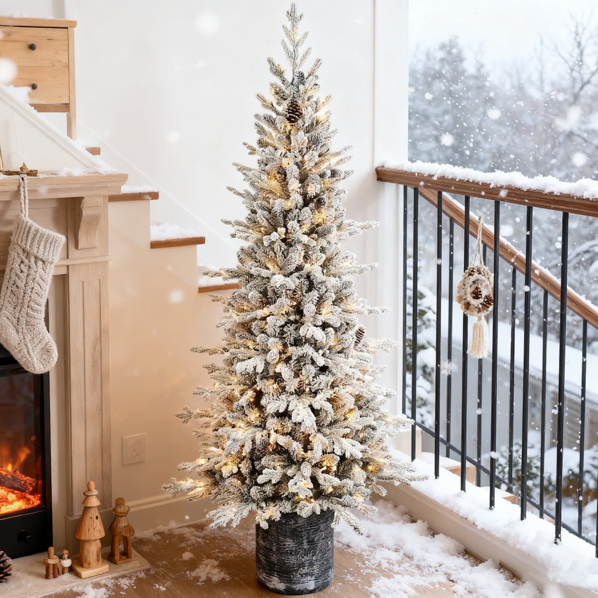 Makeatree 4.5FT Pre-lit Potted Snow Flocked Christmas Tree Small ...