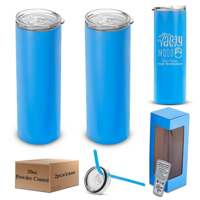 Makerflo 20 oz Light Blue Skinny Powder Coated Tumbler (2 Pack) Ideal ...