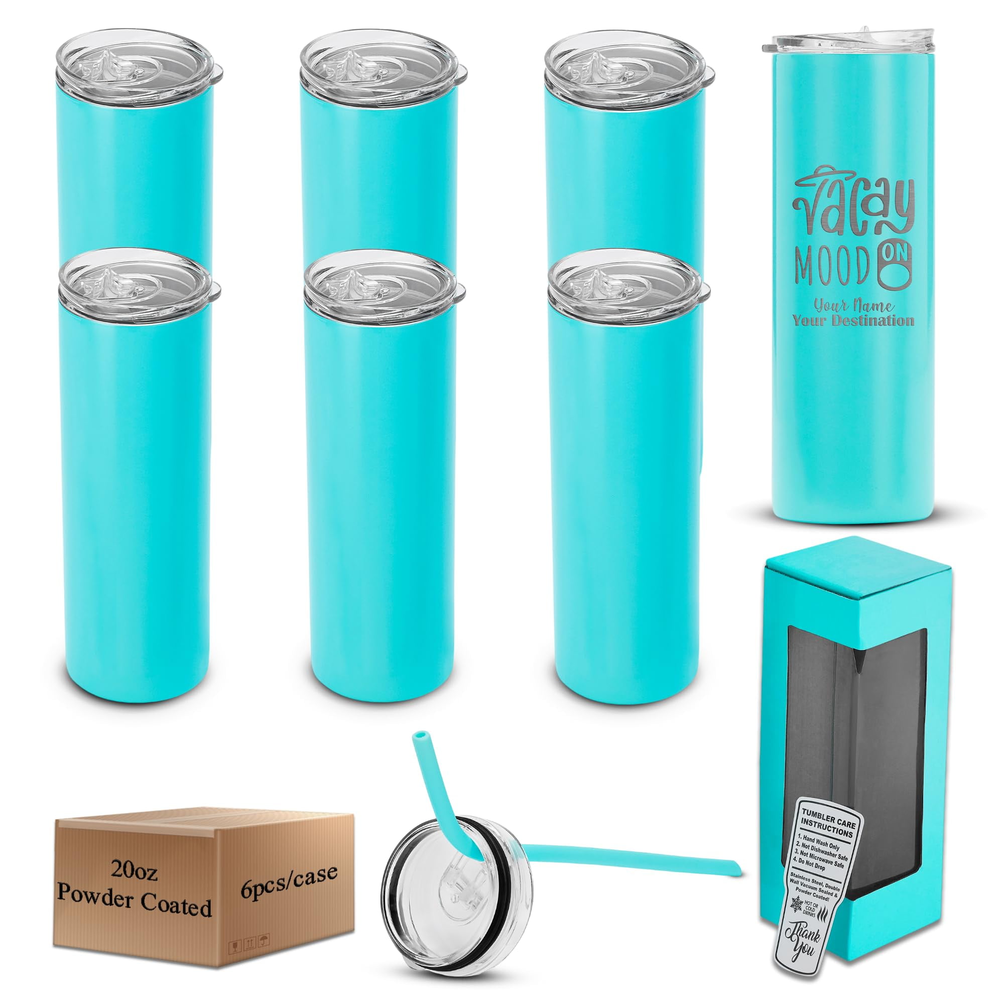 Makerflo 20 oz Teal Skinny Powder Coated Tumbler (6 Pack) Ideal for DIY ...