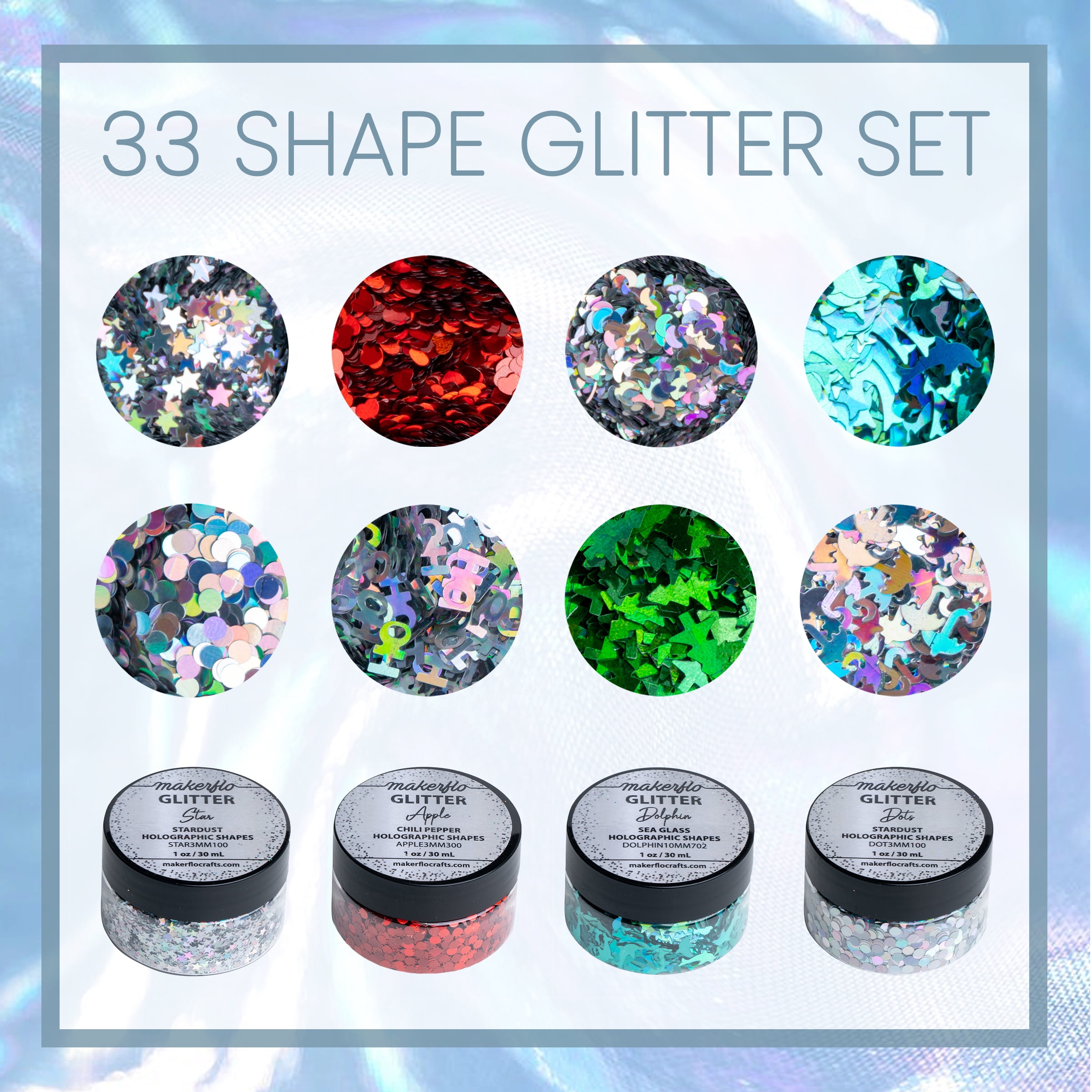 Makerflo Holographic Shape Glitter Variety Set Pack of 33, 1 oz Each ...
