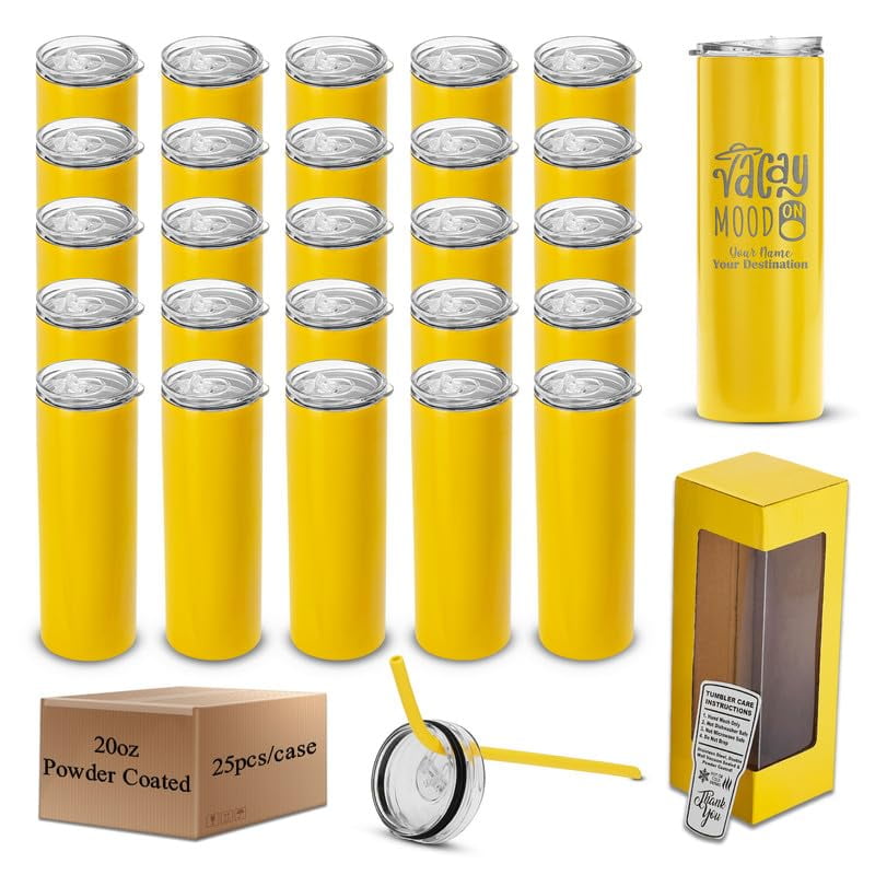 Makerflo Yellow 20 oz Skinny Powder Coated Tumbler (25 Pack) Ideal for DIY Crafts -Laser ...