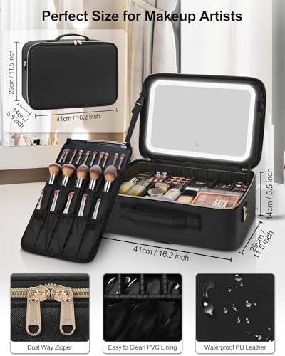 Makeup Bag with LED Mirror, Large Train Case for Makeup Artists, 16.2 ...