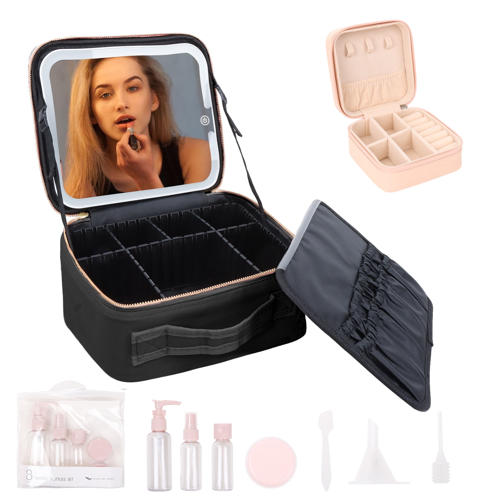 STAROAD Large Makeup Bag with LED Mirror, Adjustable Compartments ...