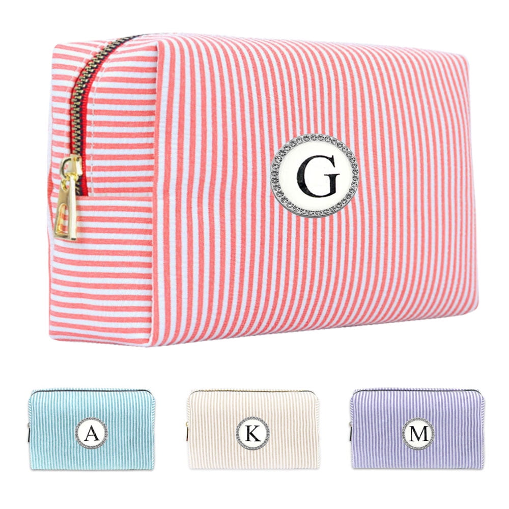 Makeup Bag with Lines Pattern and Initial, Travel Essentials Gifts for ...