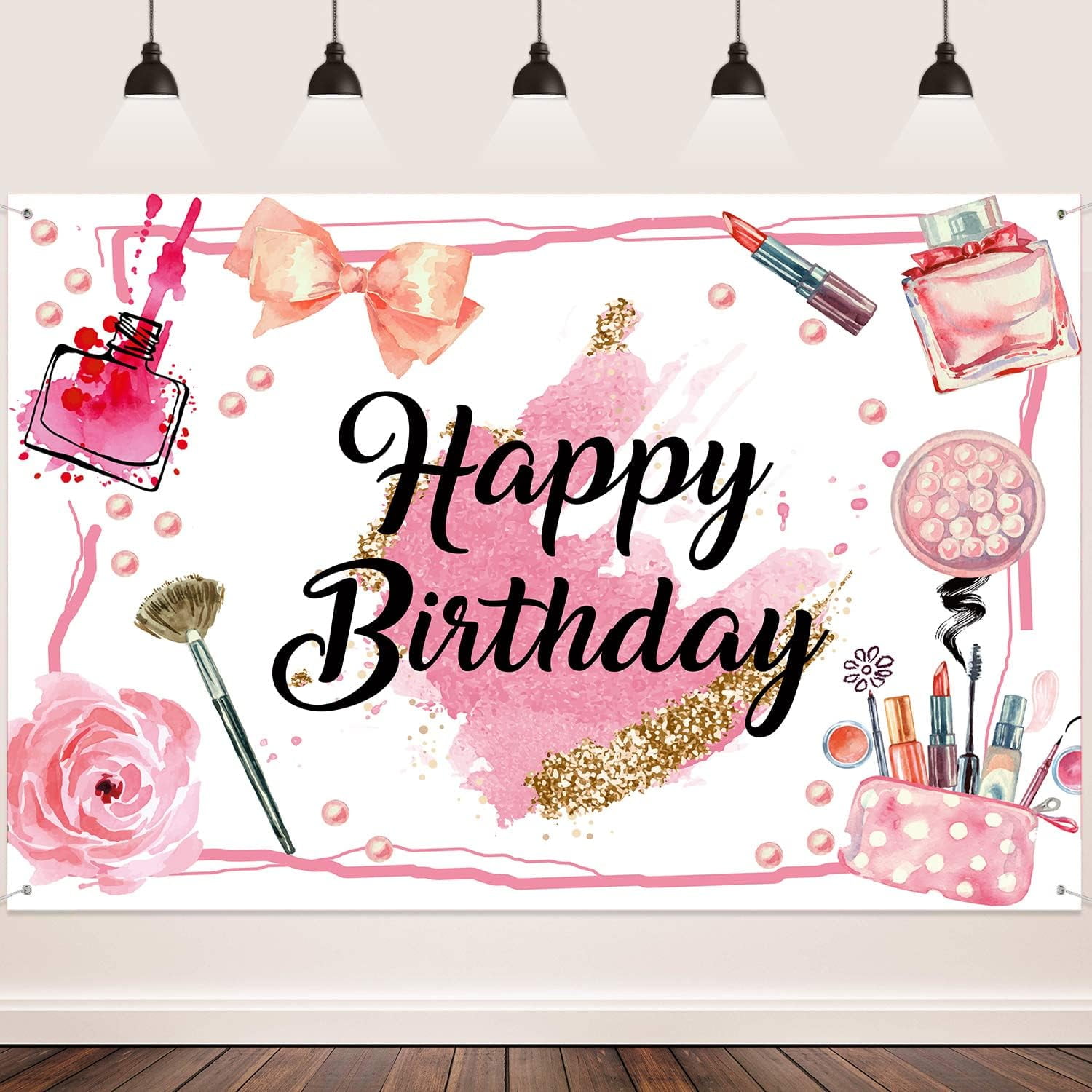 Makeup Birthday Backdrop Pink Rose Bow Photo Booth Perfume Lipstick ...