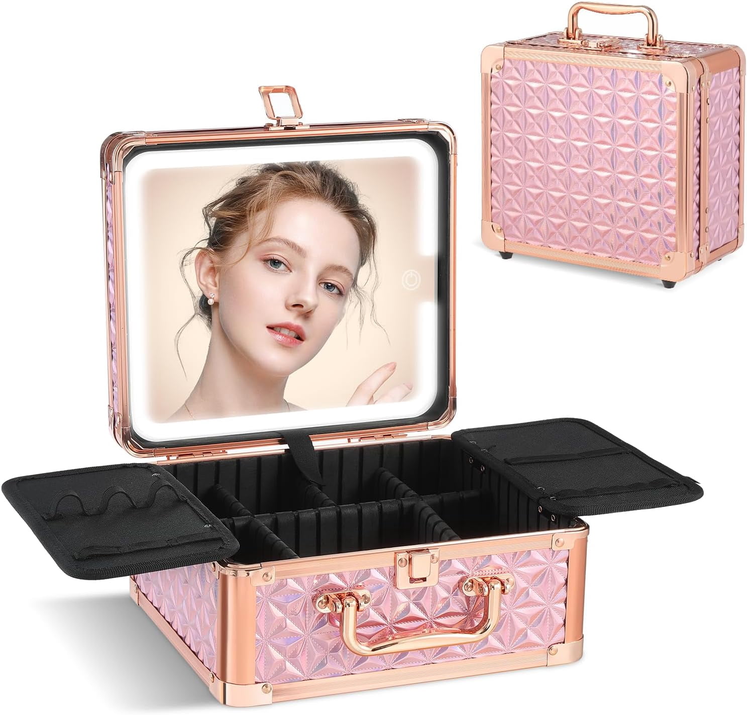 Makeup Box with LED Mirror & Aluminum Frame, Compact Multi-Layer ...