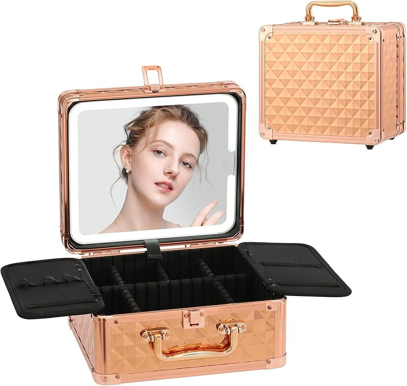 Makeup Box with Lighted Mirror,Portable Makeup Train Case Organizer ...