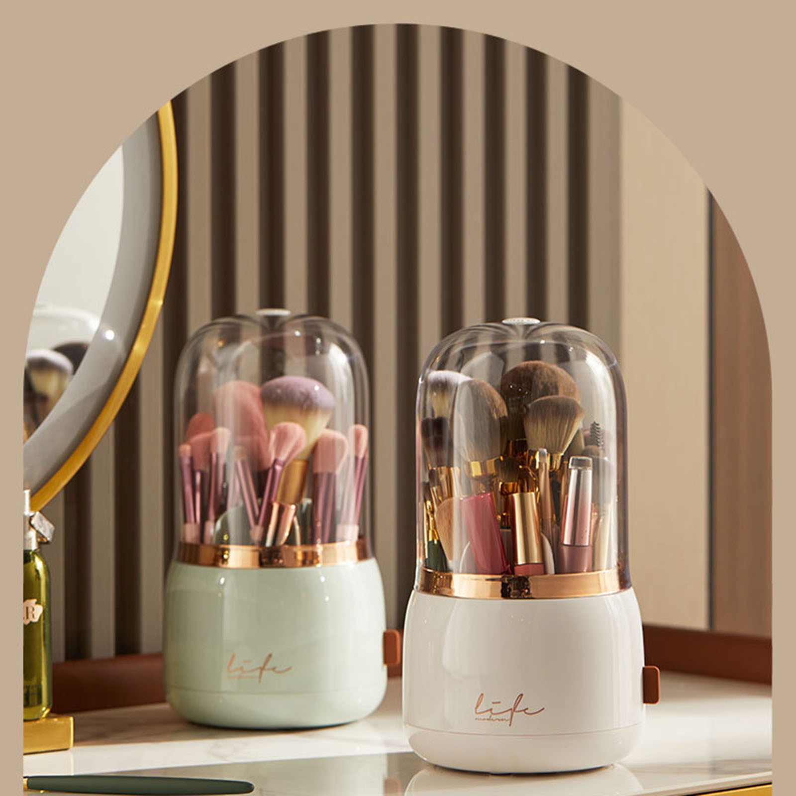 Makeup Brush Holder Organizer with Lid ,360° Rotating Dustproof Make Up ...