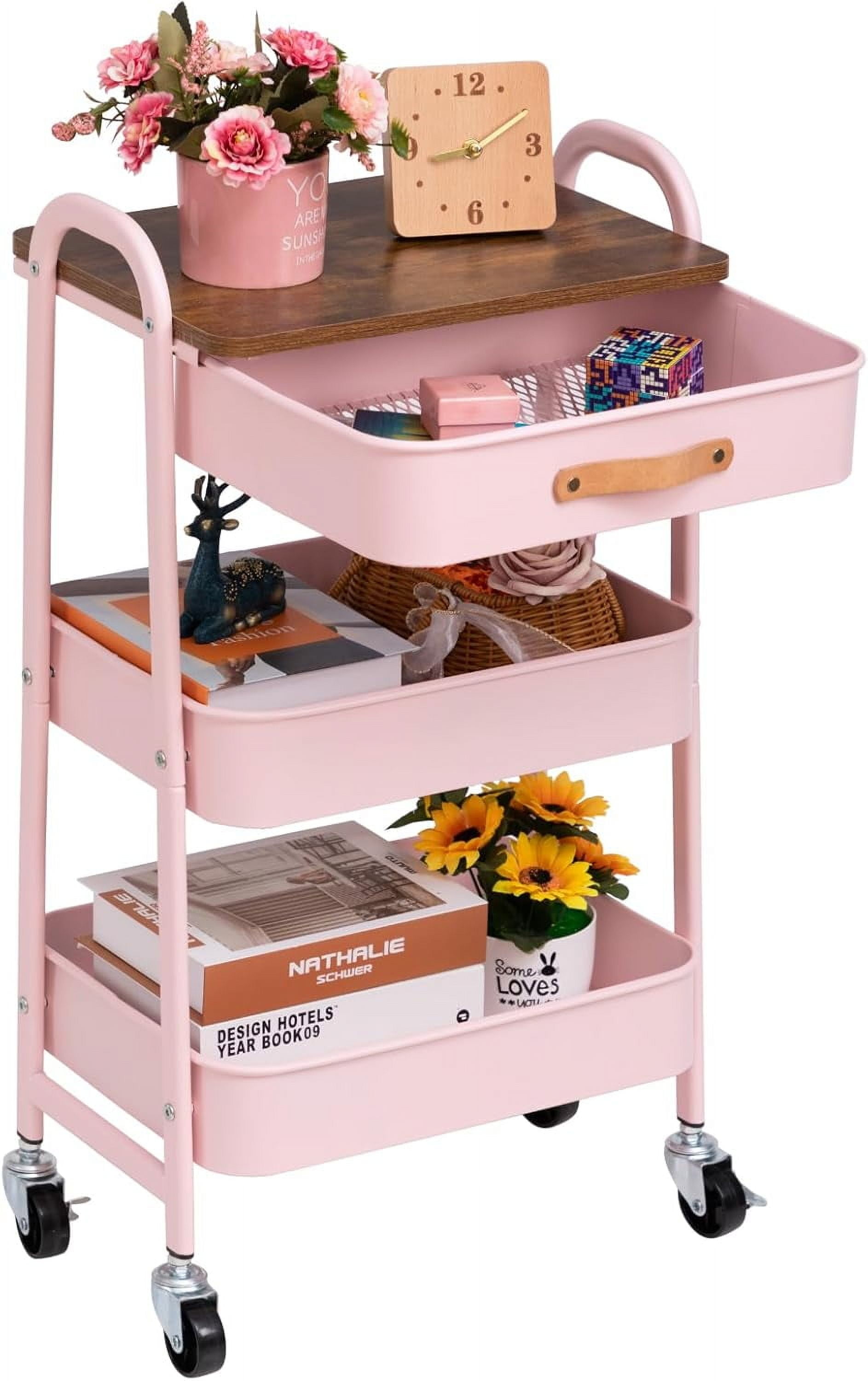 Makeup Cart Movable Rolling Organizer Cart with Drawer, 3 Tier Metal ...