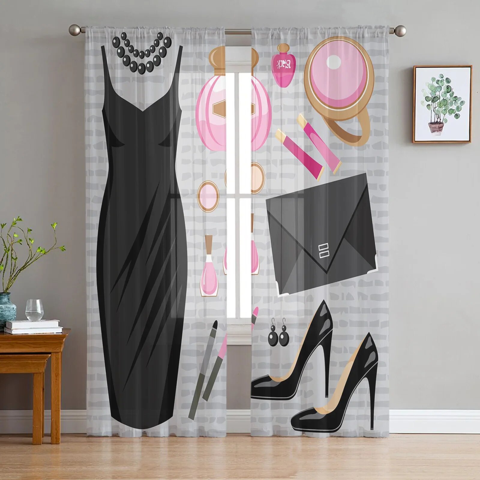 Makeup Cosmetic Polish Female Cartoon Tulle Sheer Window Curtains for ...