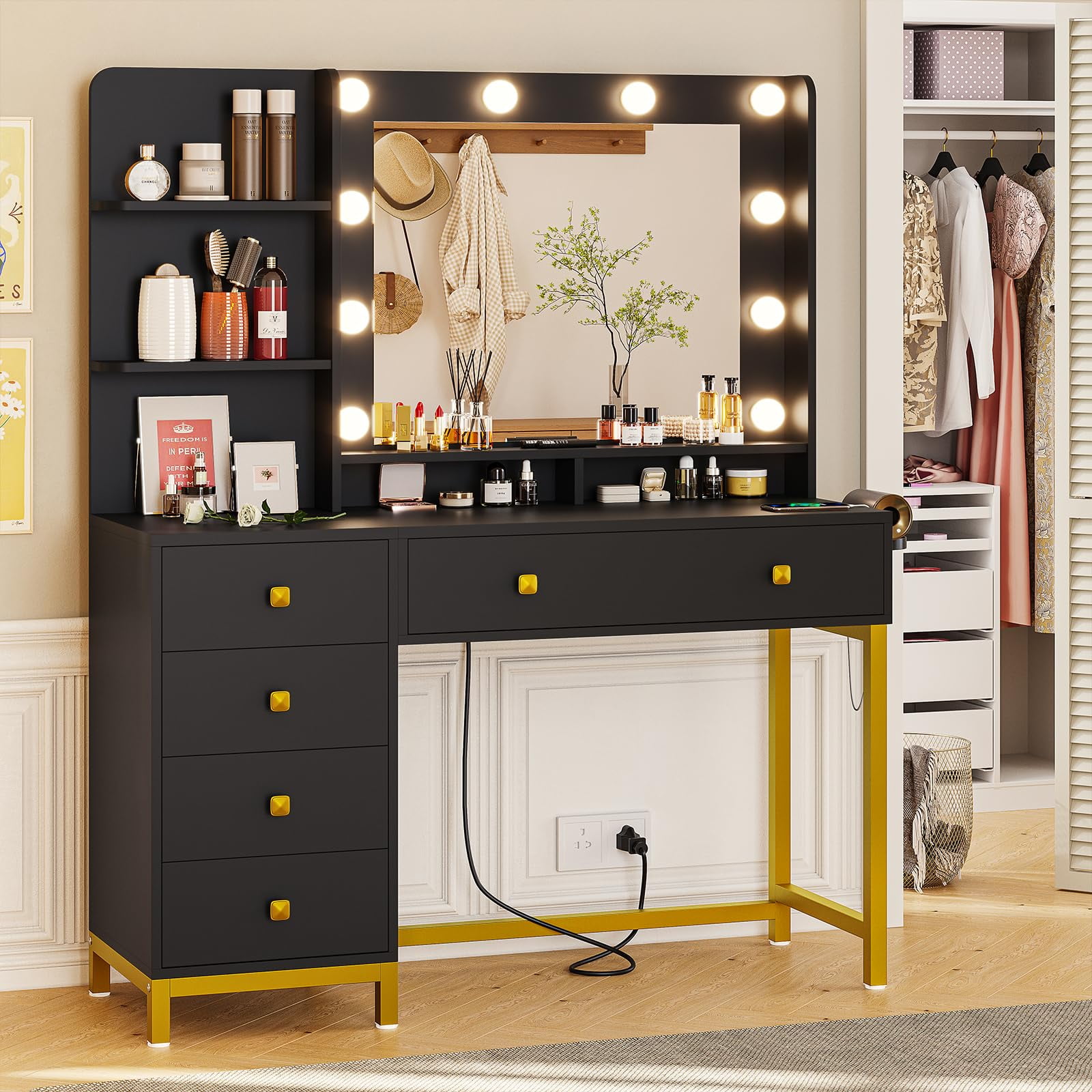 Makeup Desk with Charging Station, Vanity Table with 5 Drawers and 3 ...